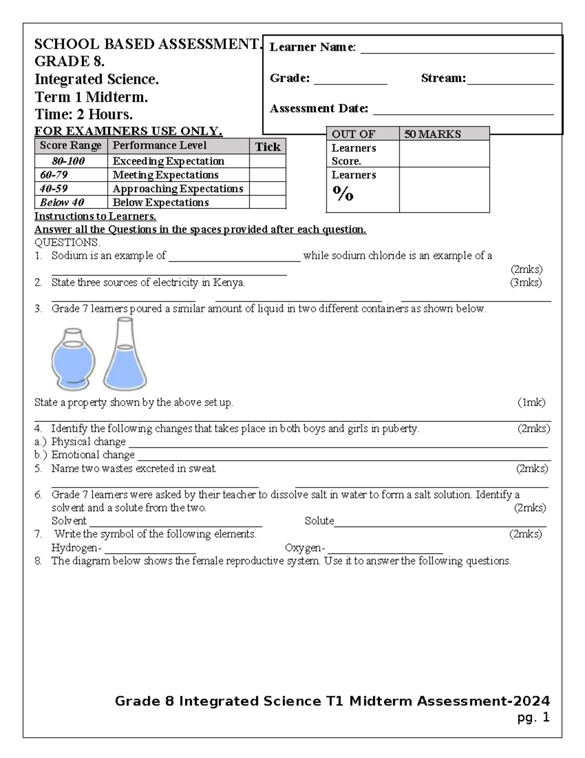 G8 T1 Integrated Science Midterm - SCHOOL BASED ASSESSMENT. GRADE 8 ...