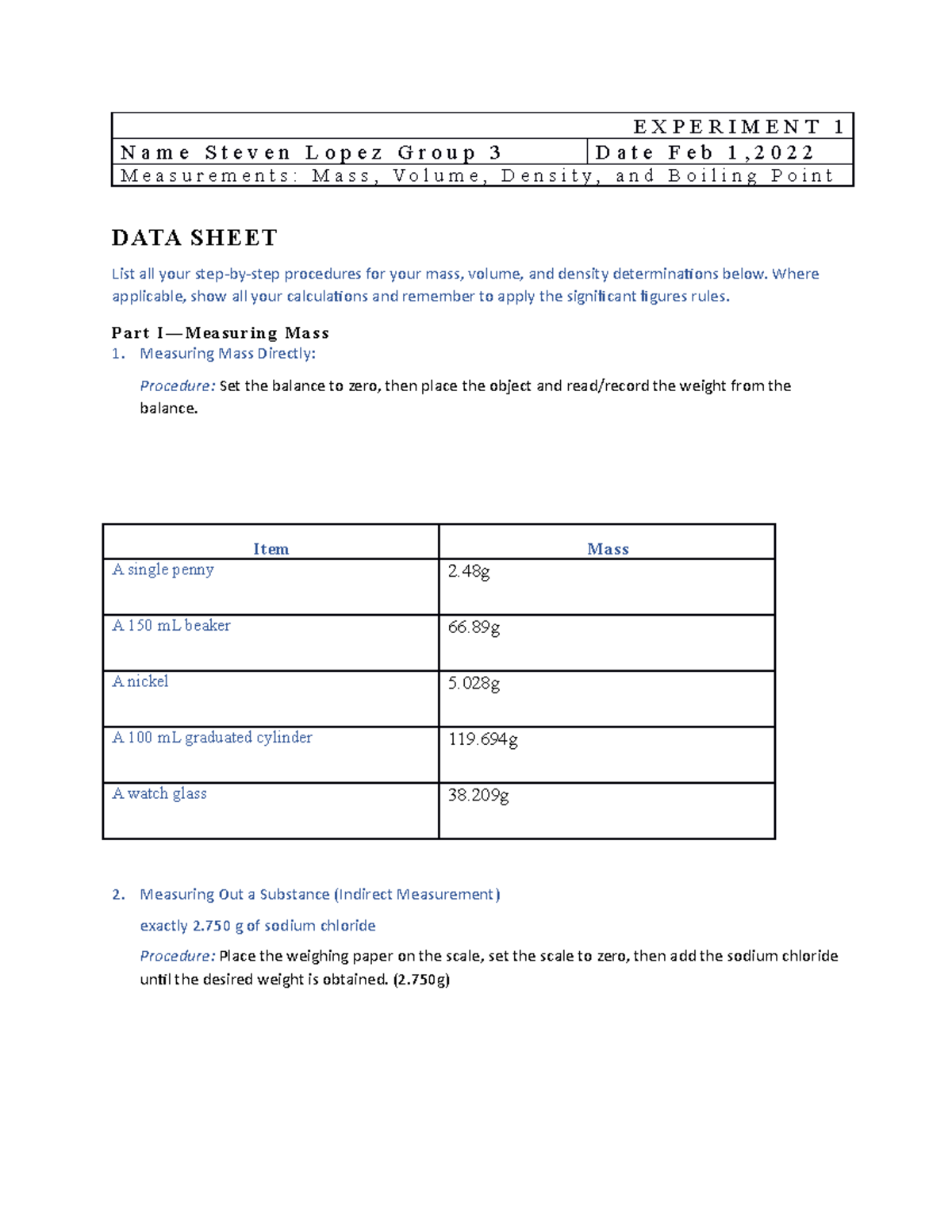 CHM1045 L Experiment 1 Data Sheet - E X P E R I M E N T 1 N a m e S t e ...