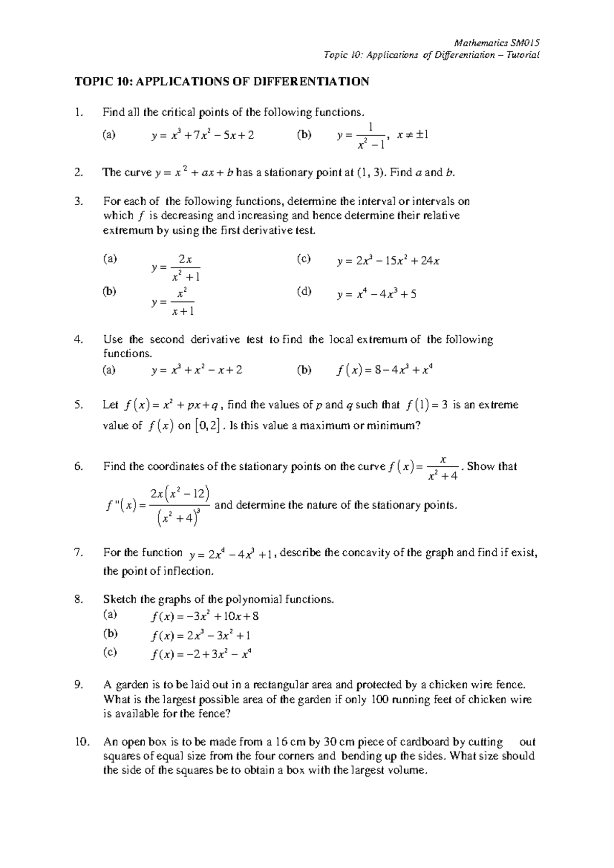 Topic 10 - Tutorial Student SM015 2022-2023 - Topic 10: Applications of ...