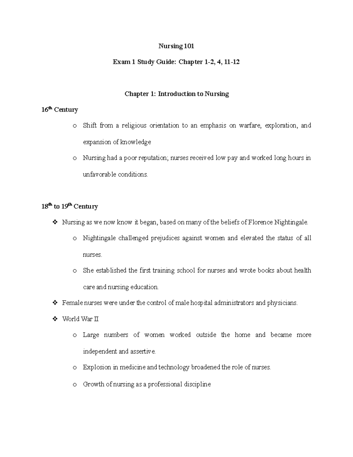 Nursing 101- Exam 1 Study Guide - 18 th to 19th Century v Nursing as we ...