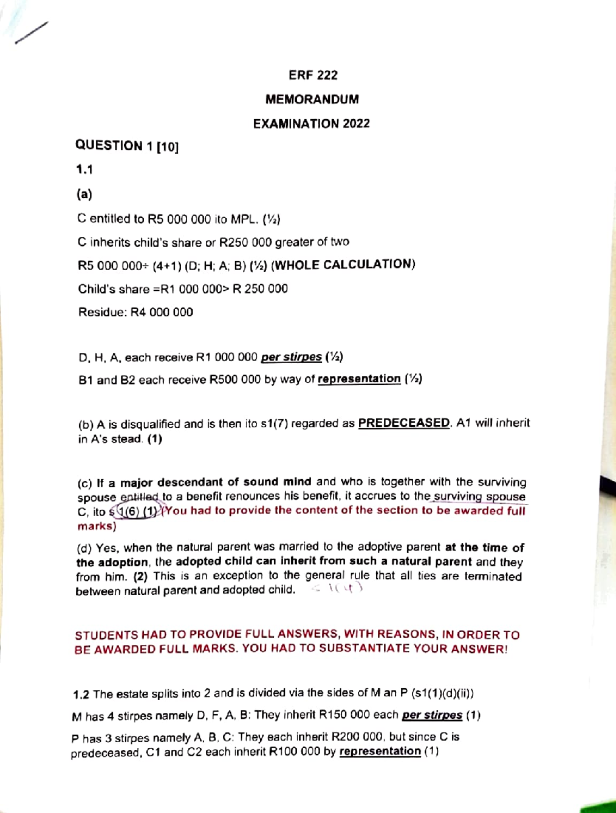 ERF 2022 exam memo - C and C each inherit R 000 by (1) P has 3 stirpes namely A, B, C: They each ...