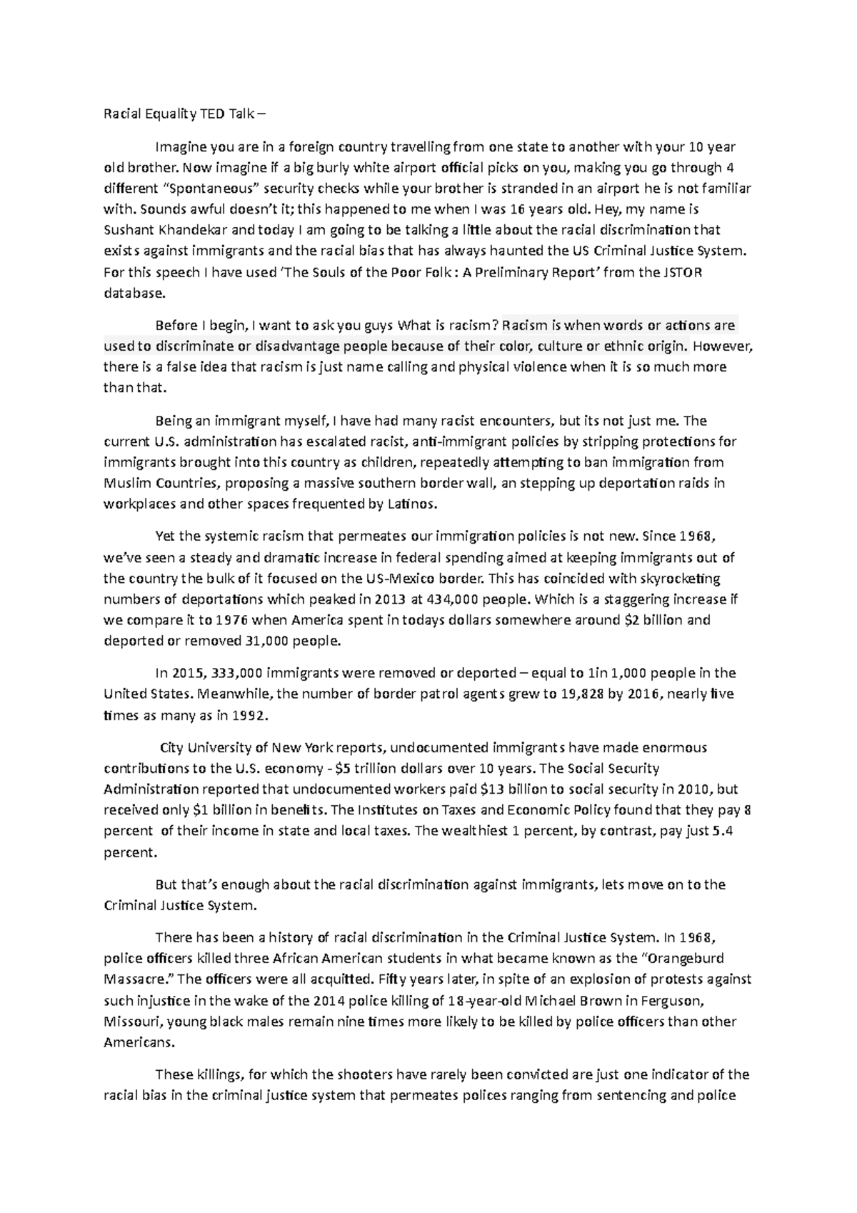 TED Talk Speech - Racial Equality TED Talk – Imagine you are in a ...