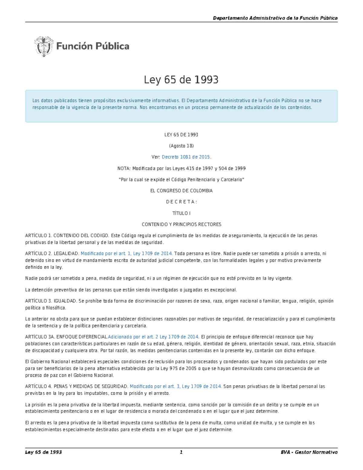 Ley 65 de 1993 - Define el derecho en la penitenciaria - Ley 65 de 1993 ...
