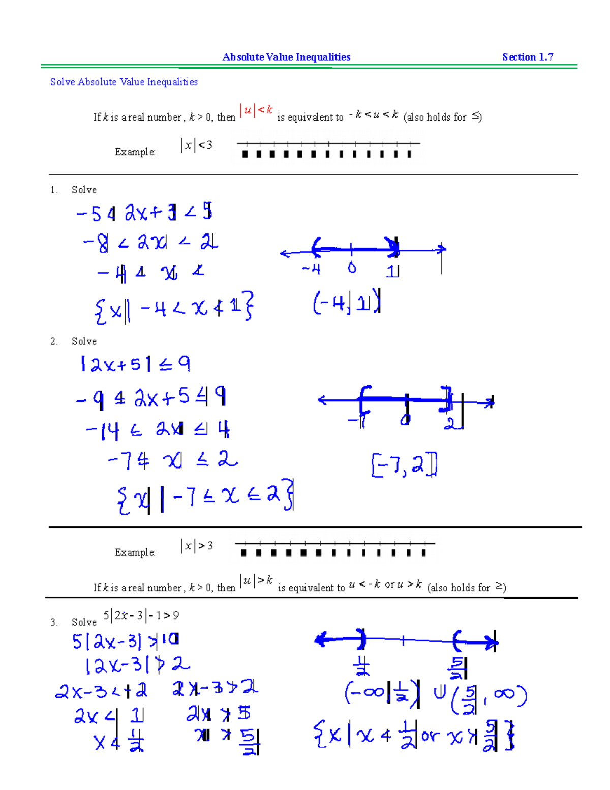 CACS LEC Sec 1.7 Solutions - Absolute Value InequalitiesSection 1. Solve Absolute Value ...