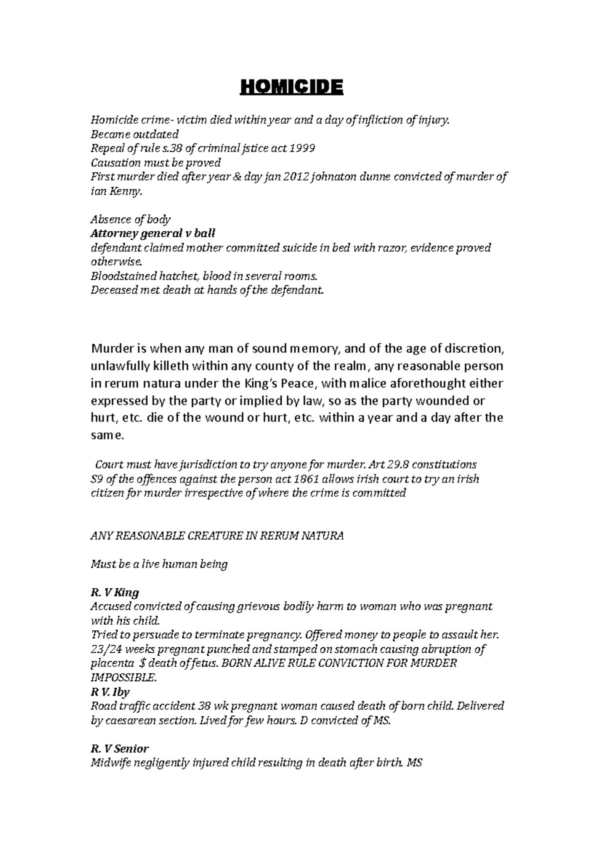 Homicide - Notes on various criminal law topics - HOMICIDE Homicide ...