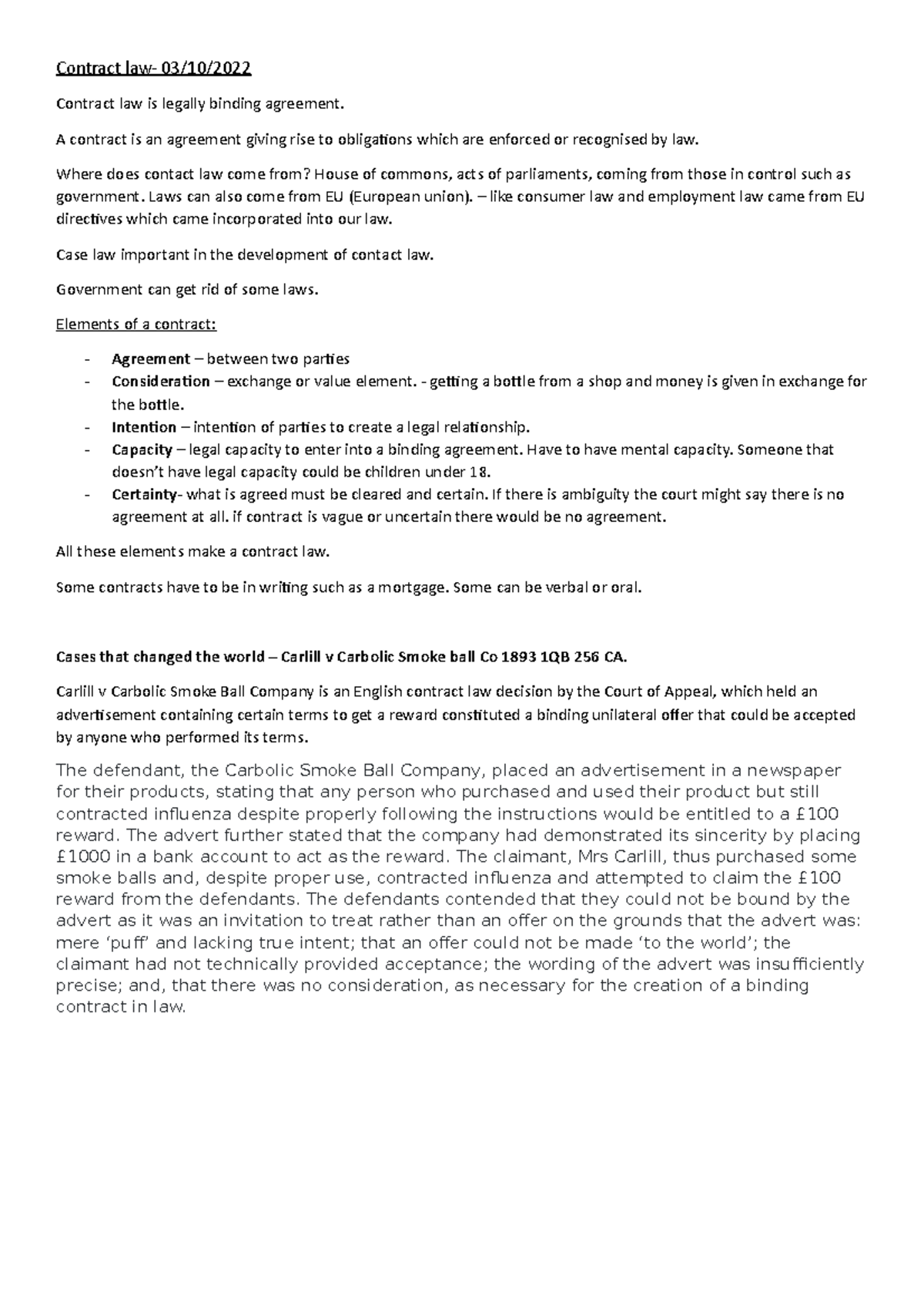 Contract A Contract Is An Agreement Giving Rise To Obligations Which