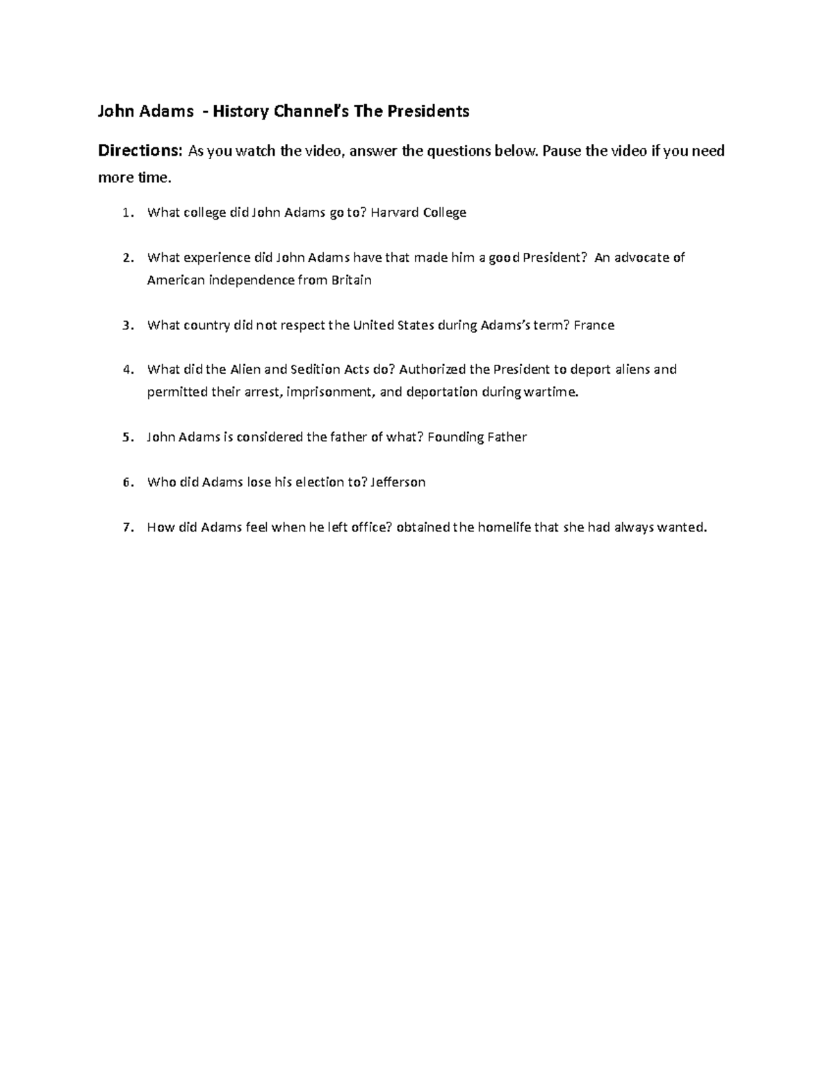 Copy of History Channel's The Presidents John Adams.docx - John Adams ...