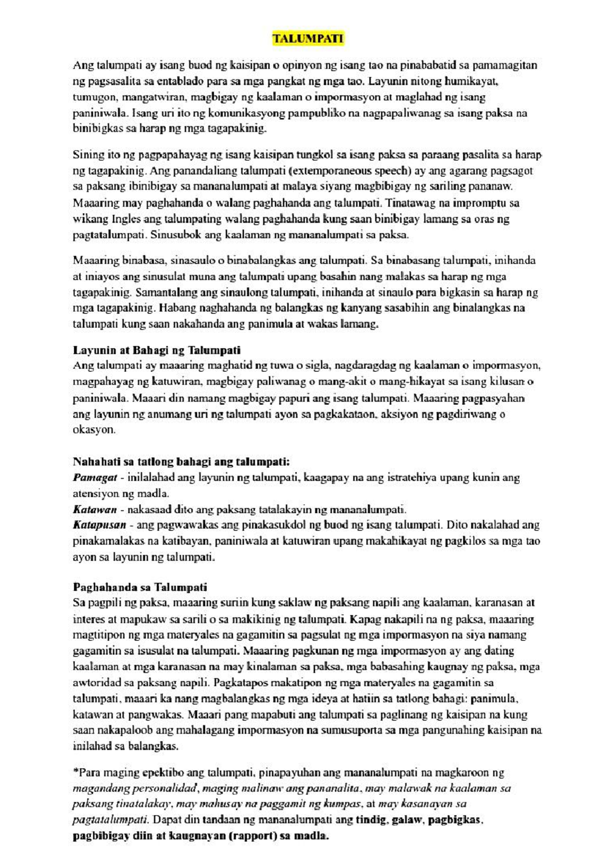 Manual - Filipino agenda report - TALUMPATI Ang talumpati ay isang buod ...