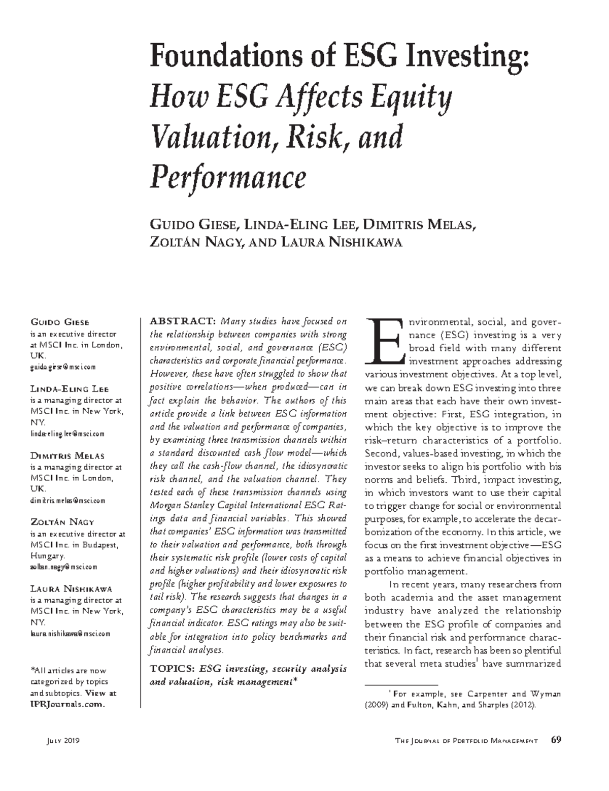 Foundations of ESG Investing - July 2019 The Journal of Portfolio ...