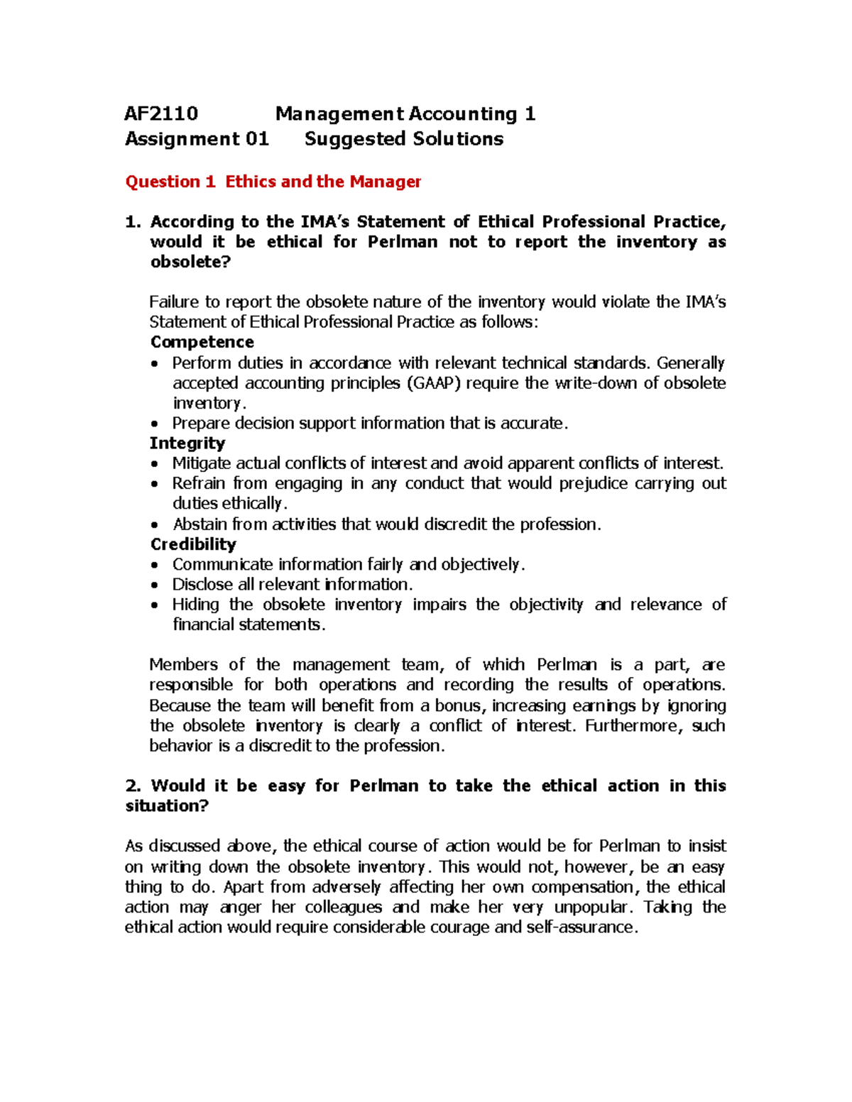 Assignment 01 solutions - AF2110 Management Accounting 1 Assignment 0 1 Suggested Solutions ...