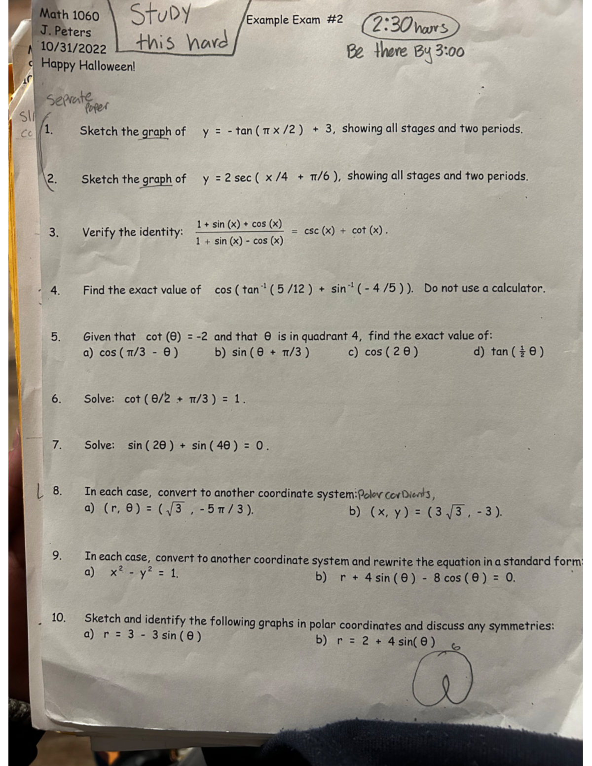 Math 1060 example exam 2 - Math 1060 StuDY Example Exam J. Peters 2:30 ...