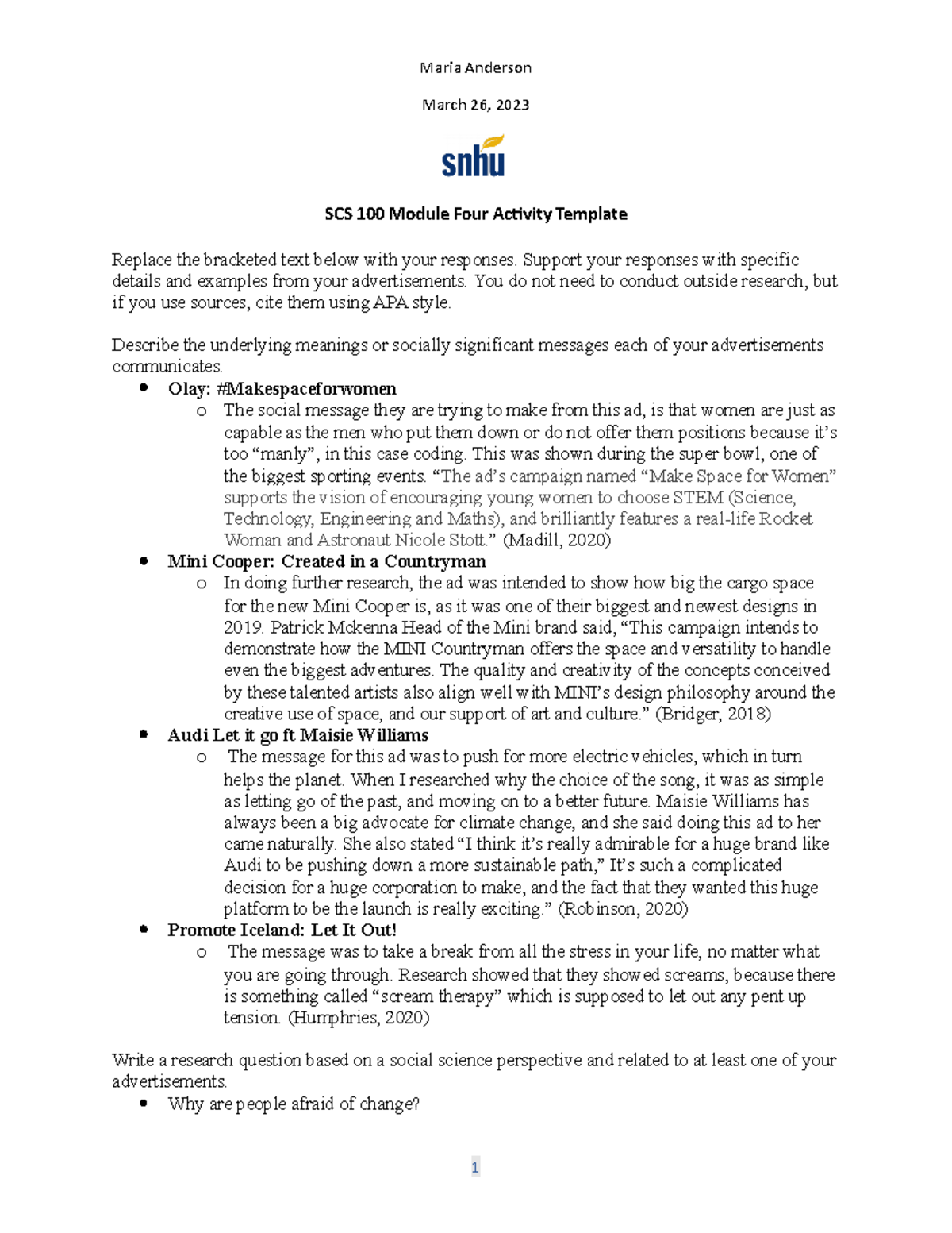 SCS 100 Module Four Activity Template - Maria Anderson March 26, 2023 SCS 100 Module Four ...