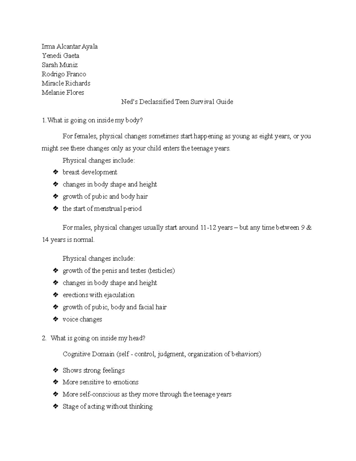 Teen survival guide assignment - Irma Alcantar Ayala Yenedi Gaeta Sarah ...