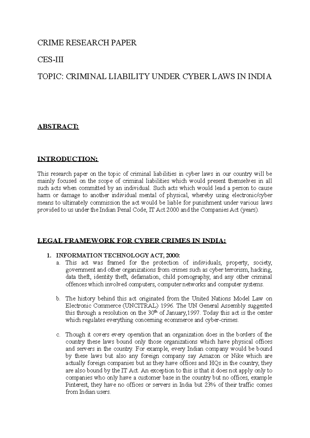 Crime Research Paper - CRIME RESEARCH PAPER CES-III TOPIC: CRIMINAL ...