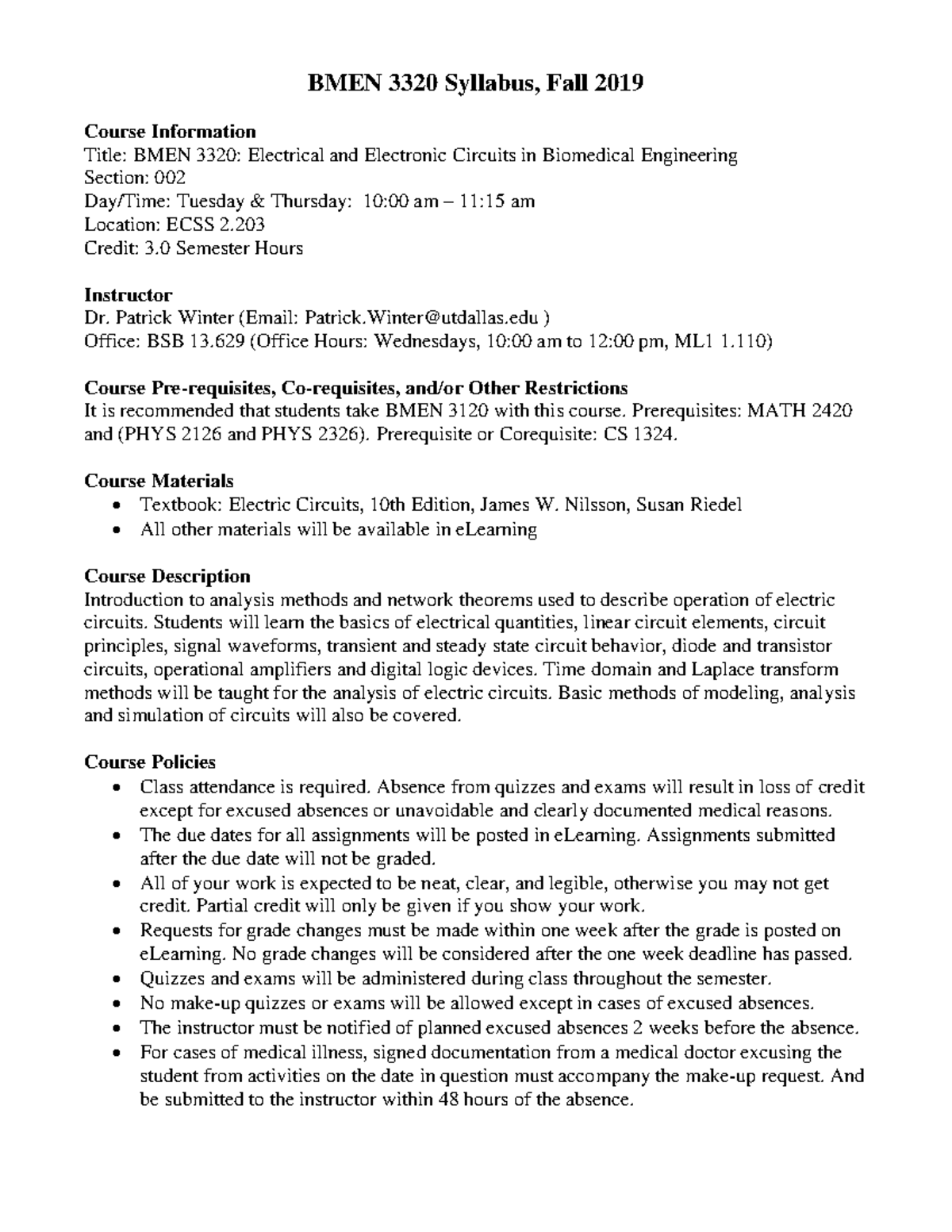 BMEN 3320 Syllabus Fall 2019 - BMEN 3320 Syllabus, Fall 2019 Course ...