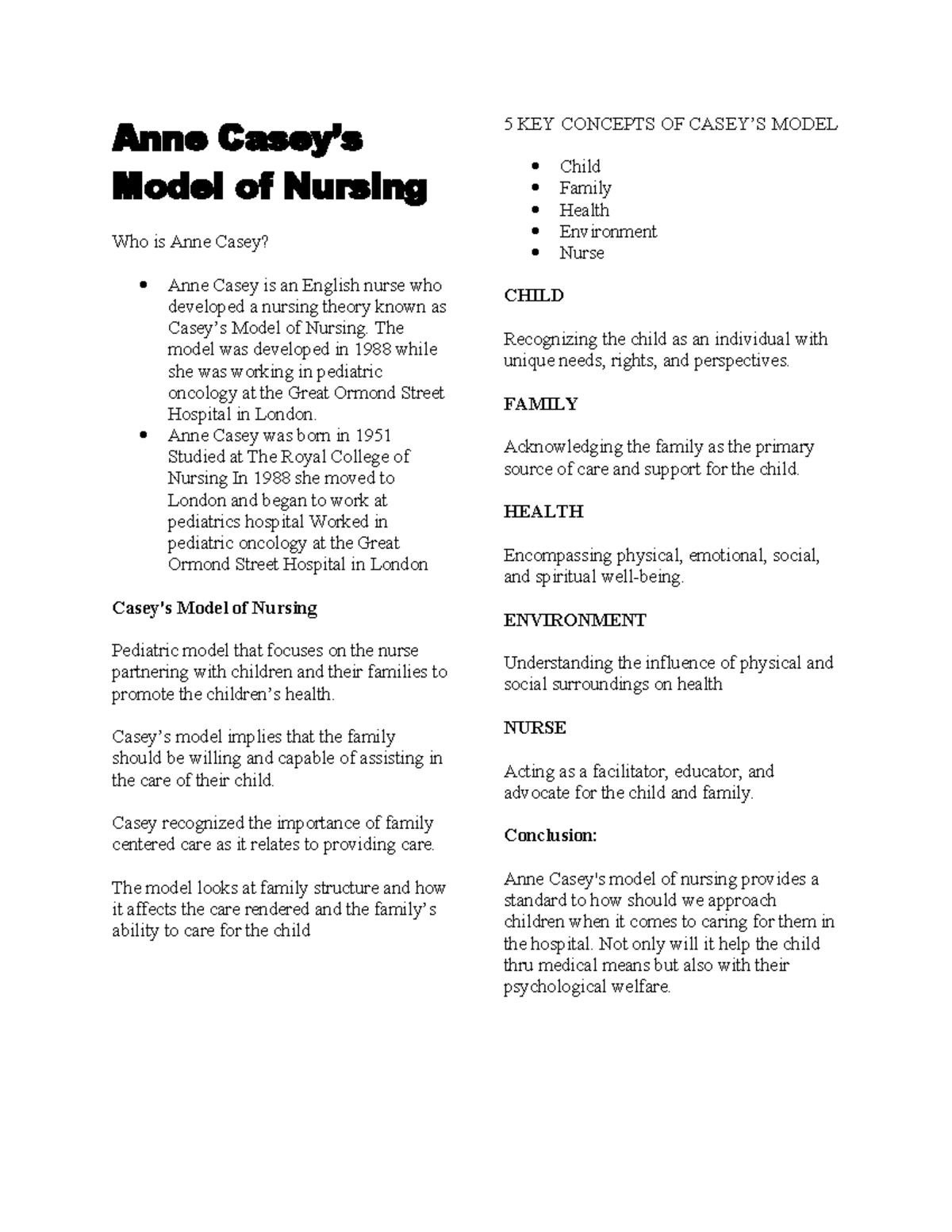 Anne Casey Handout - notes. - Anne Casey’s Model of Nursing Who is Anne ...