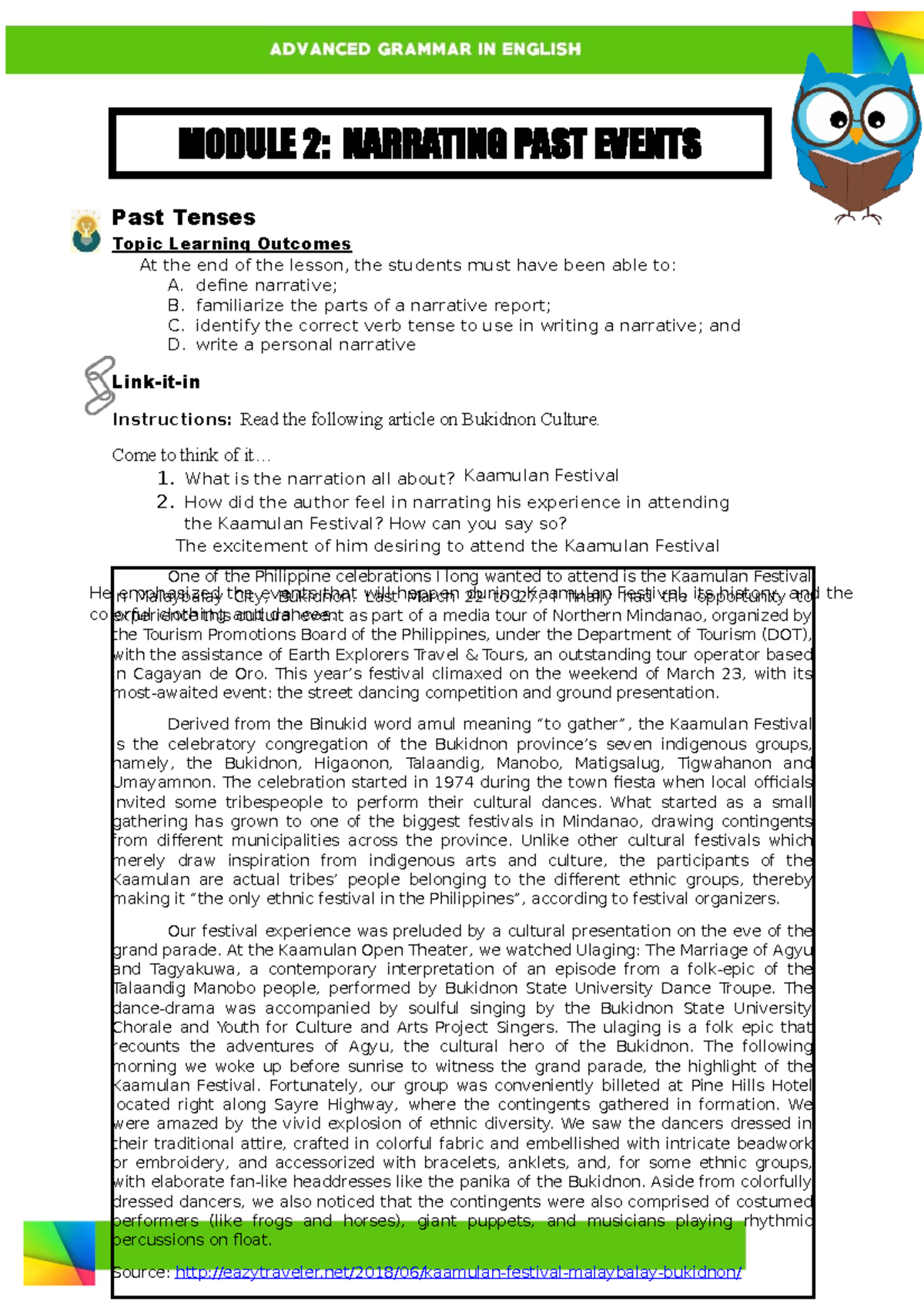 answers- IS 104 Module 2 only - Past Tenses Topic Learning Outcomes At ...
