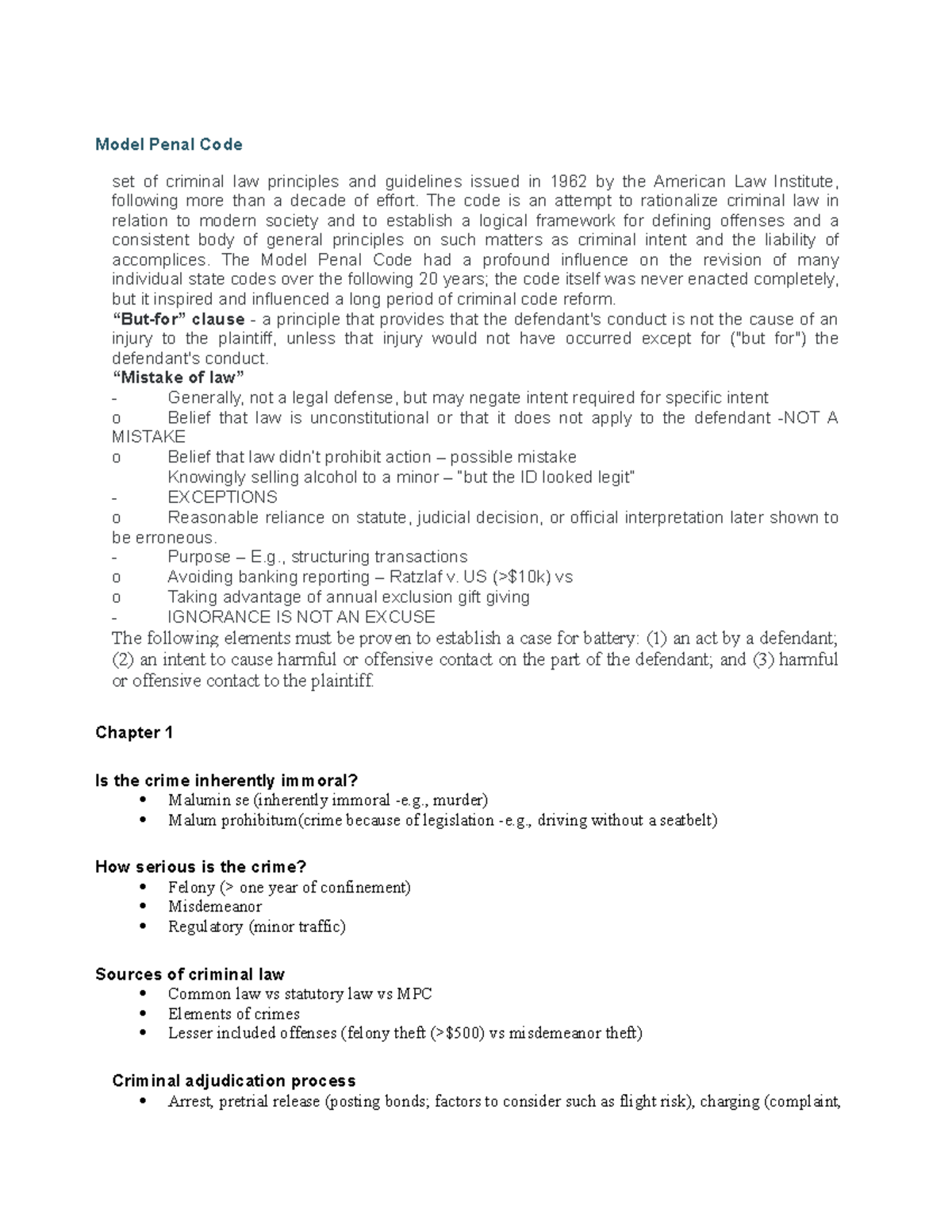 Criminal Law full notes - Model Penal Code set of criminal law ...