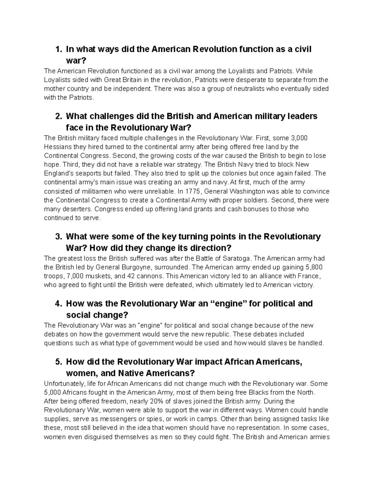 Hist ch5 focus questions - 1. In what ways did the American Revolution ...