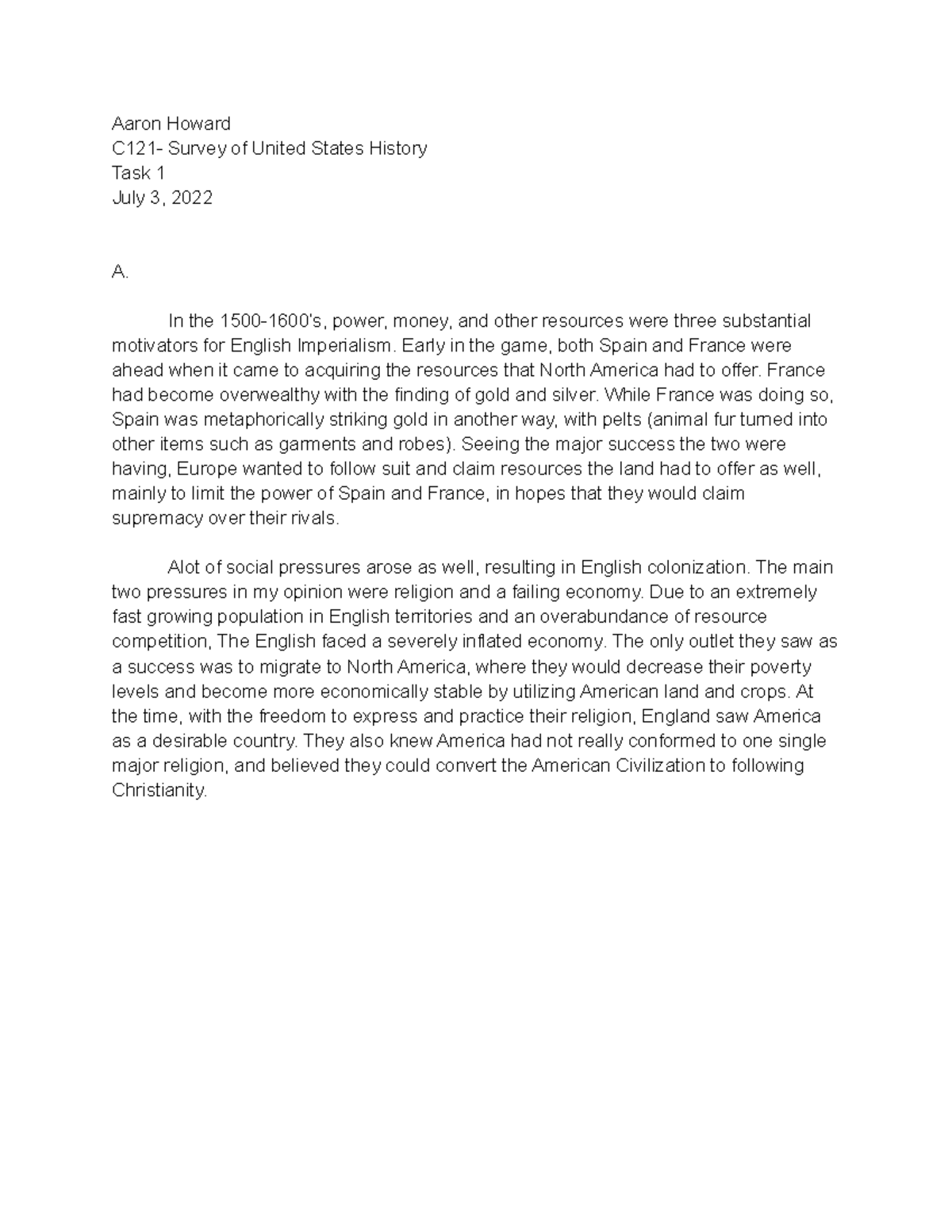 C121 task 1 - Task 2 {A - Aaron Howard C121- Survey of United States ...