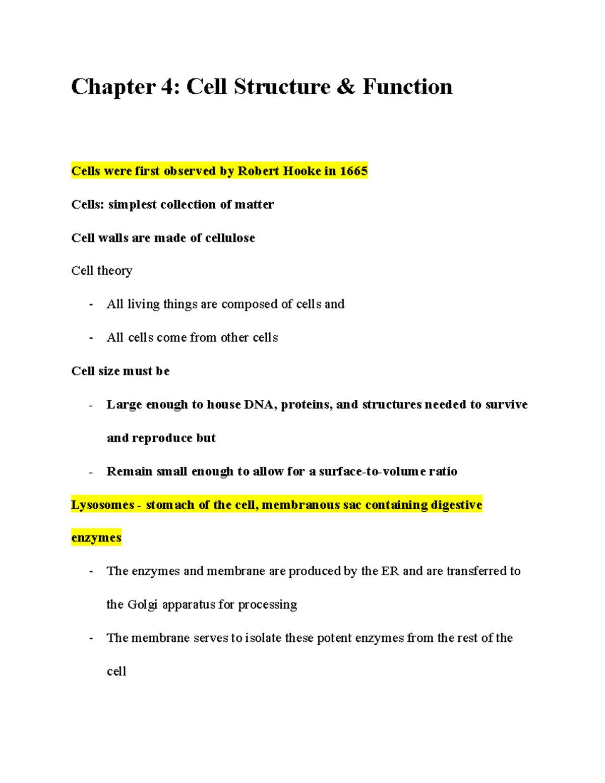 BIO 140 Chapter 4 Notes - Chapter 4: Cell Structure & Function Cells ...