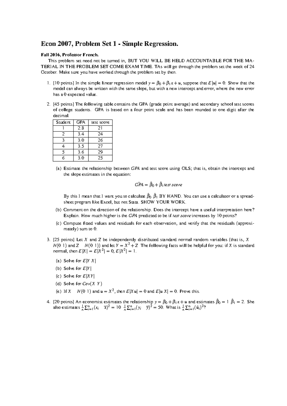 Metrics problem set 1 revised - Econ 2007, Problem Set 1 - Simple ...