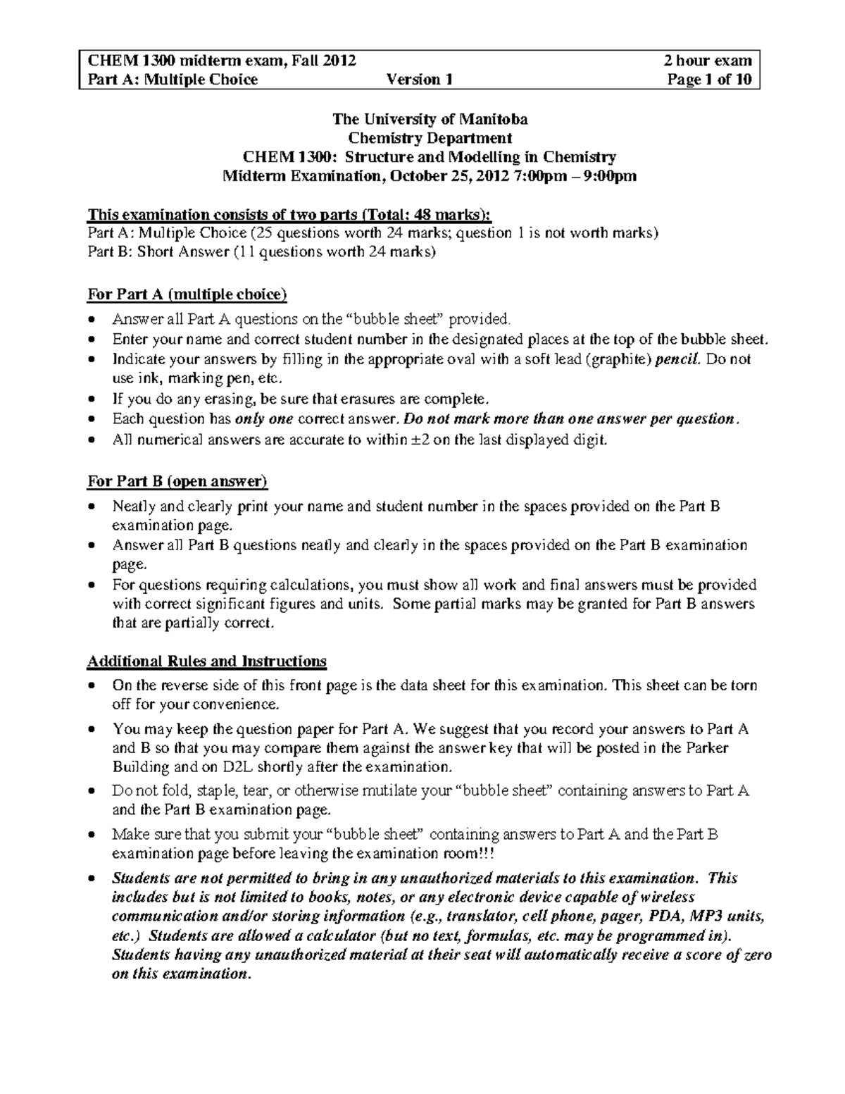 CHEM1300F12-Midterm-v1 - Part A: Multiple Choice Version 1 Page 1 of 10 ...