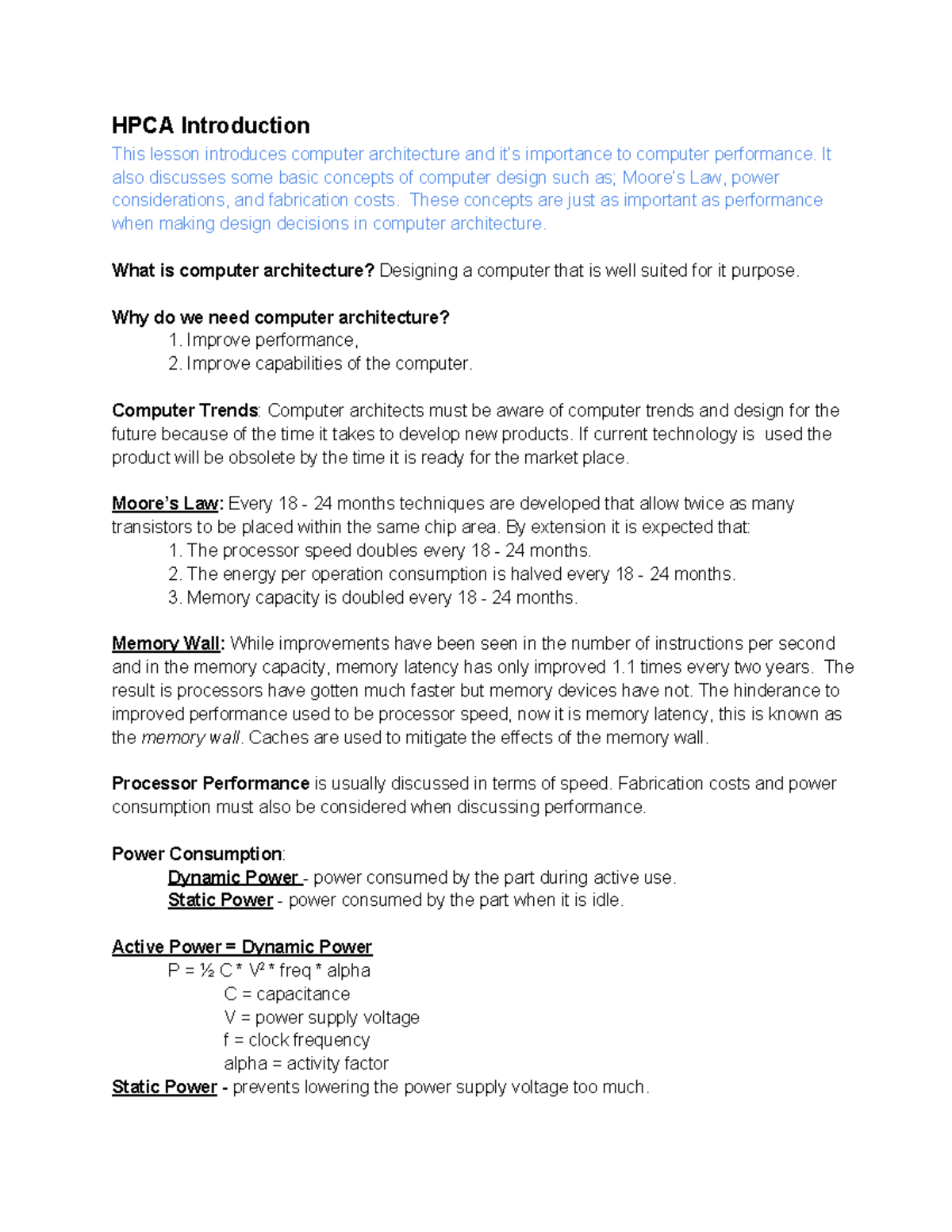 Lesson 1Notes Intro - Lecture notes 1 - HPCA Introduction - Studocu