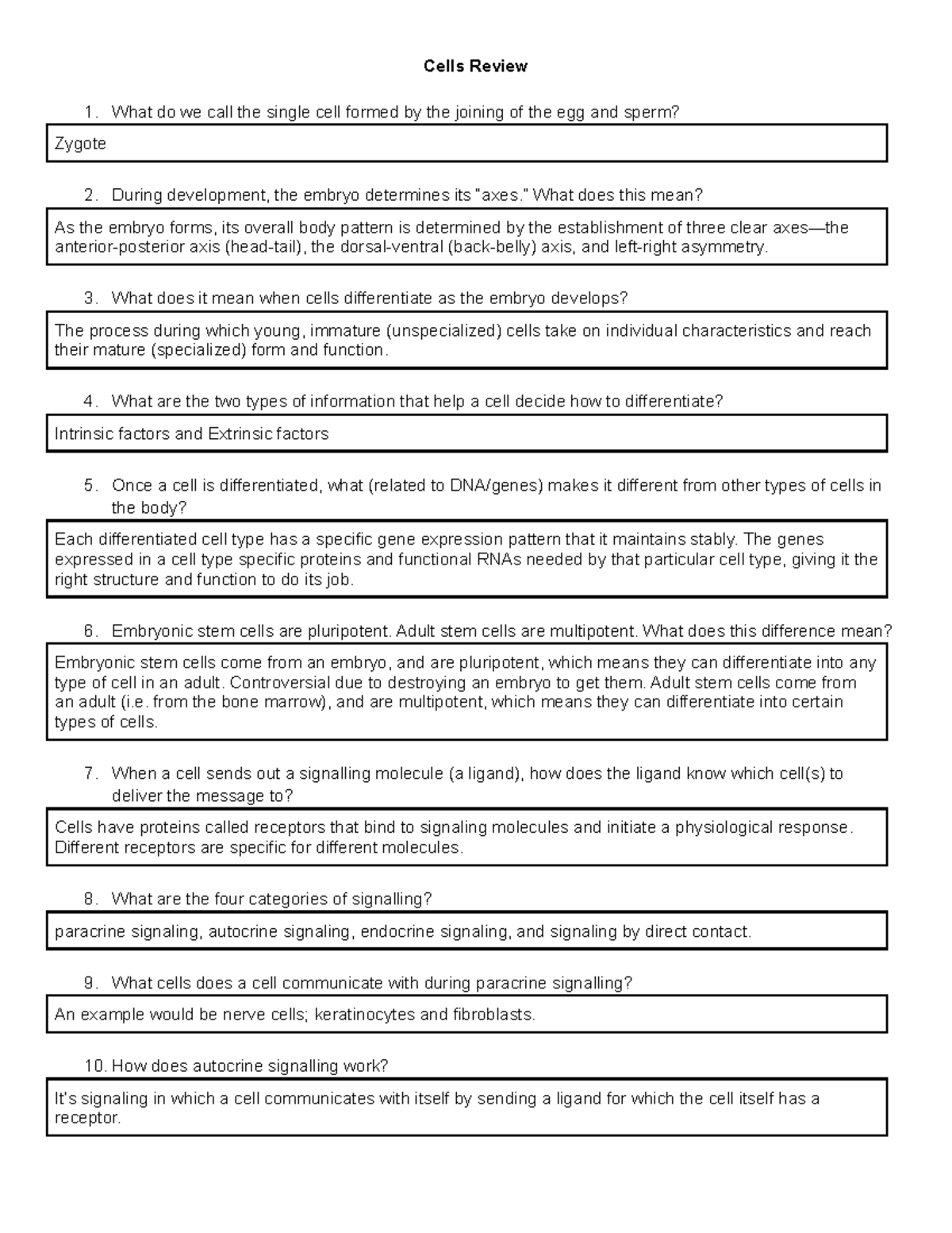 Cells Review with Answers - Cells Review What do we call the single ...