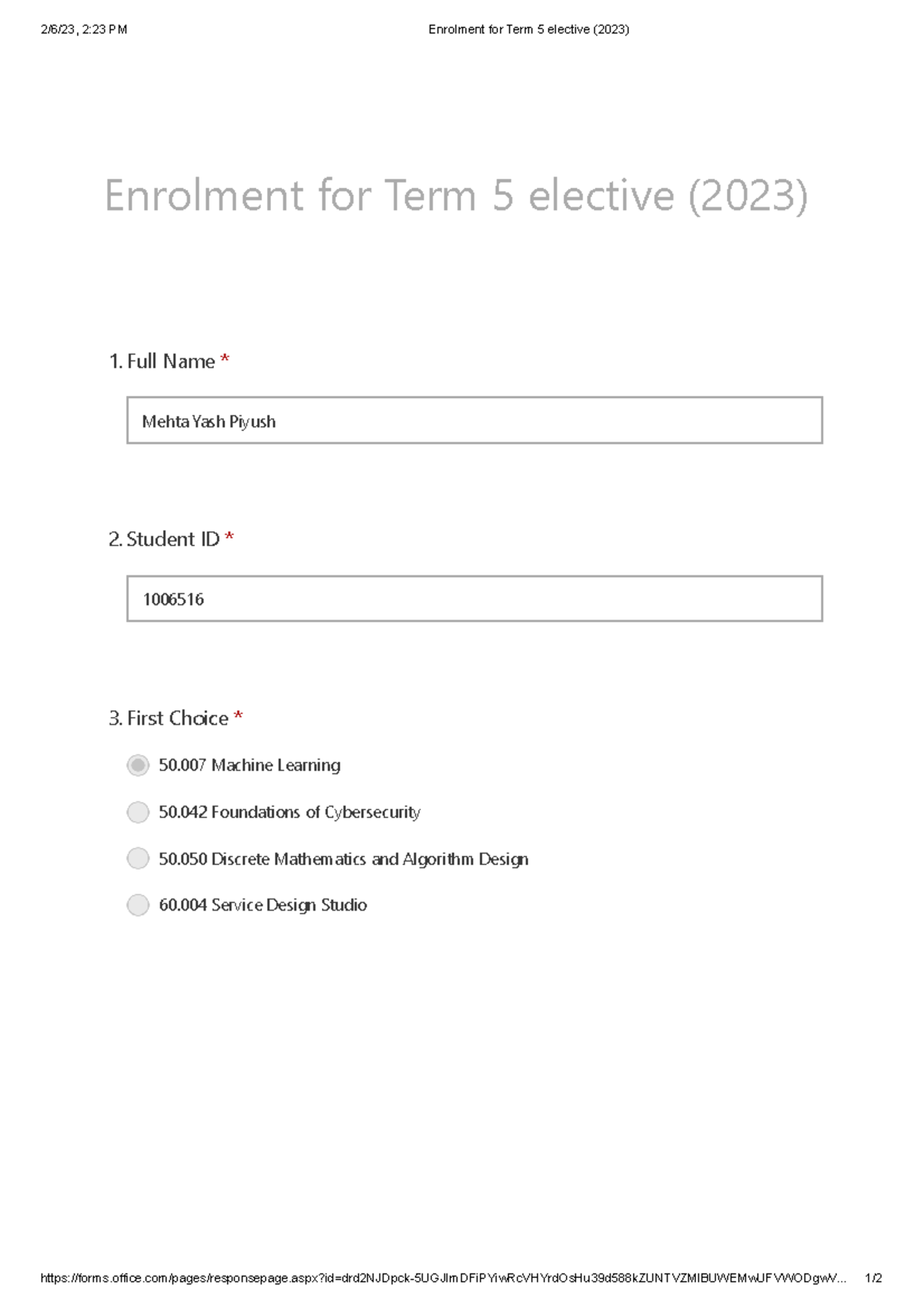 Enrolment for Term 5 elective (2023) - 2/6/23, 2:23 PM Enrolment for ...