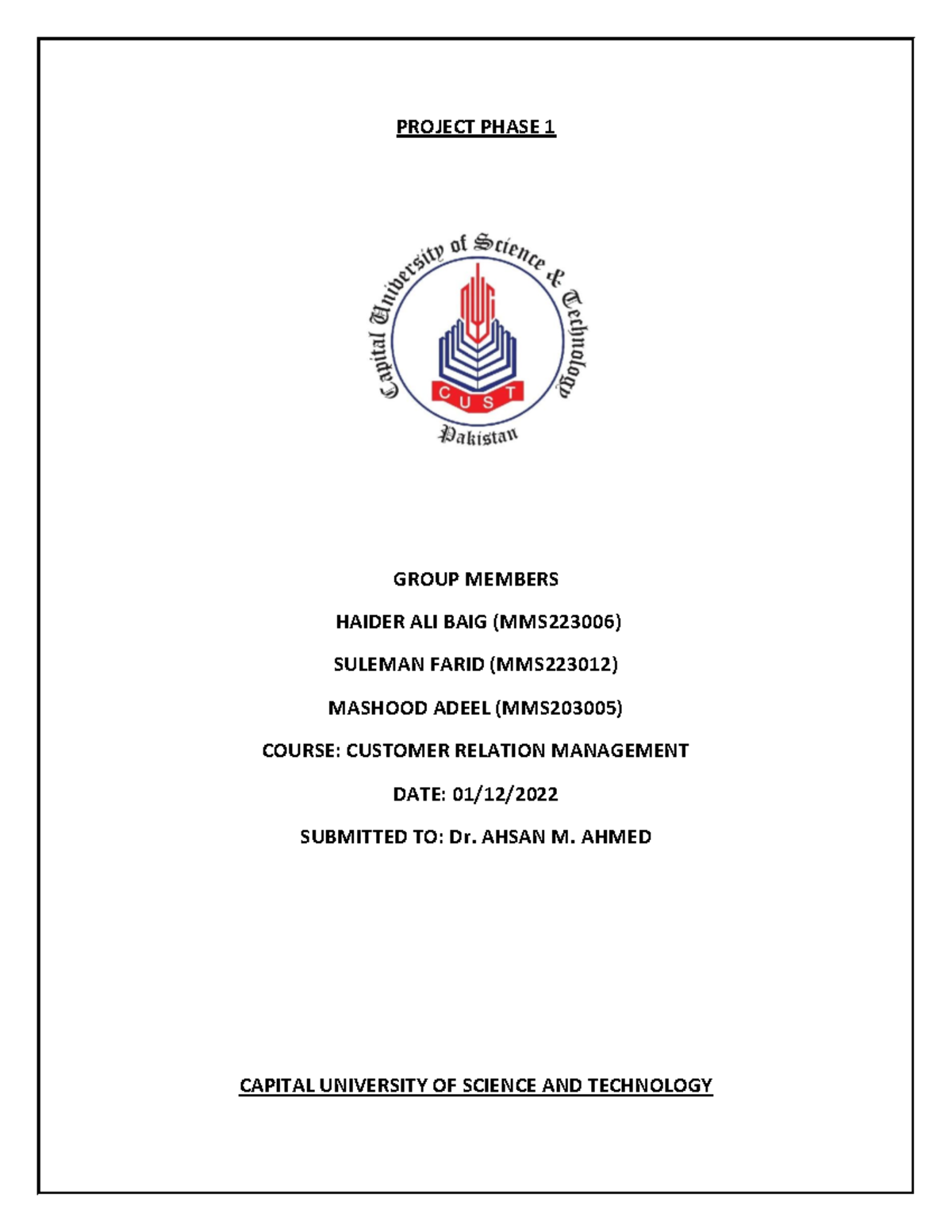 CRM Project Phase 1 - PROJECT PHASE 1 GROUP MEMBERS HAIDER ALI BAIG ...