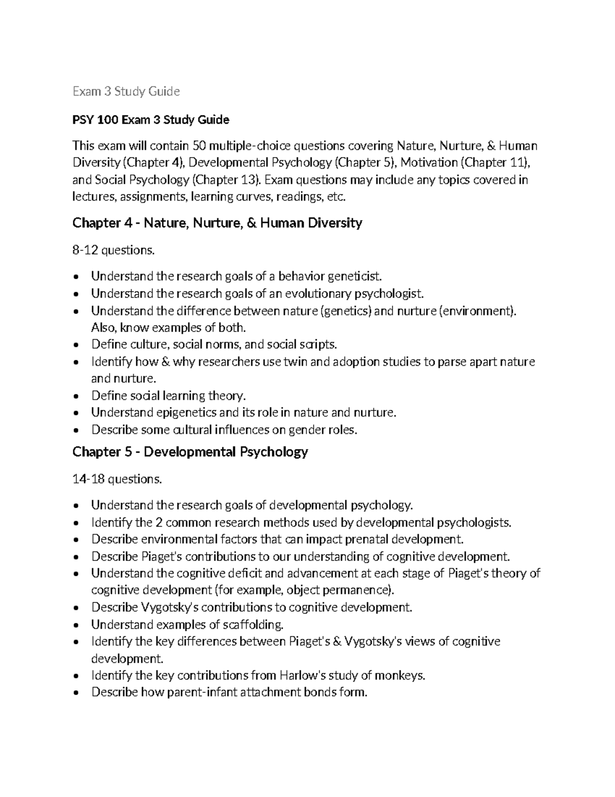 Exam 3 Study Guide - Exam 3 Study Guide PSY 100 Exam 3 Study Guide This ...