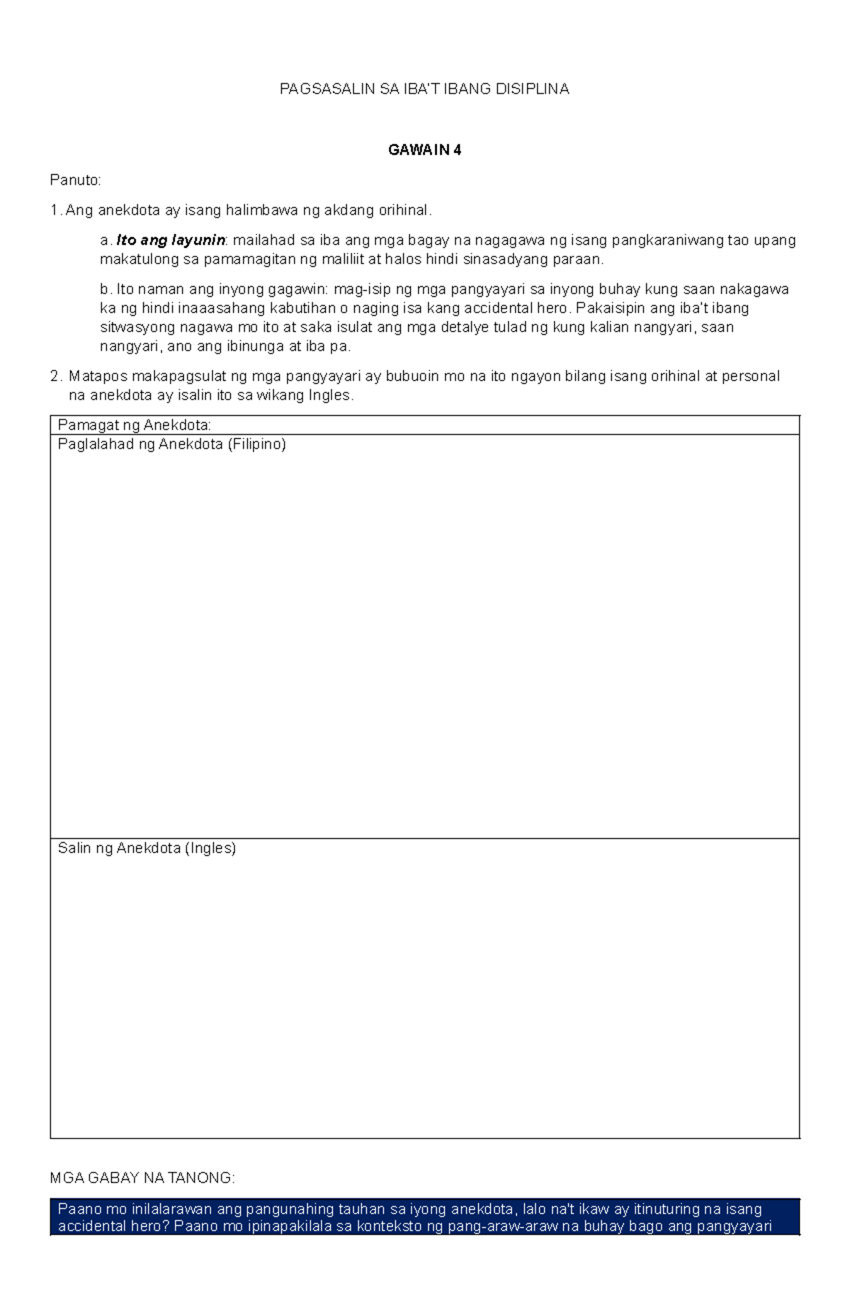 Gawain- Esalin - PAGSASALIN SA IBA’T IBANG DISIPLINA GAWAIN 4 Panuto ...