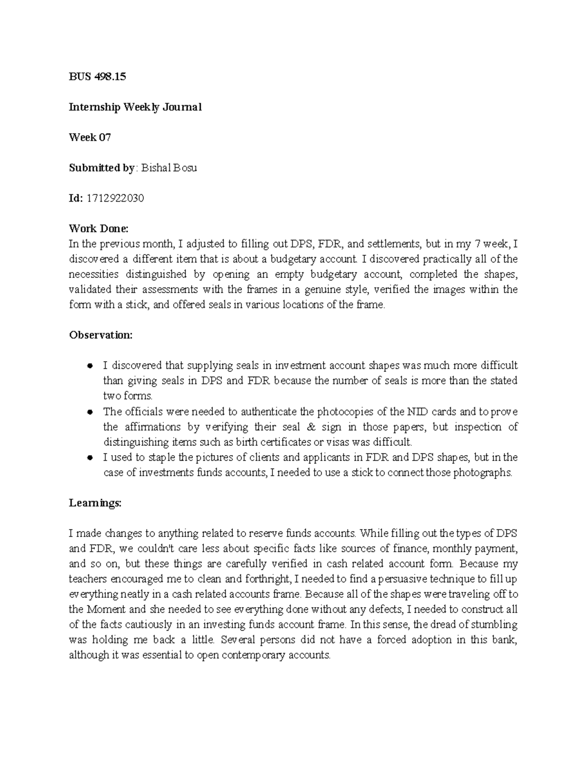 BUS 498 week 7 journal report - BUS 498. Internship Weekly Journal Week ...