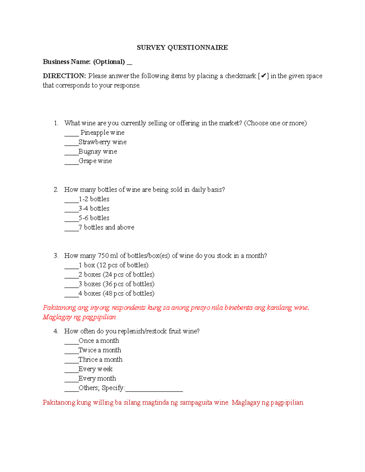 PURE Villete Questionnaire 1 - SURVEY QUESTIONNAIRE Business Name ...