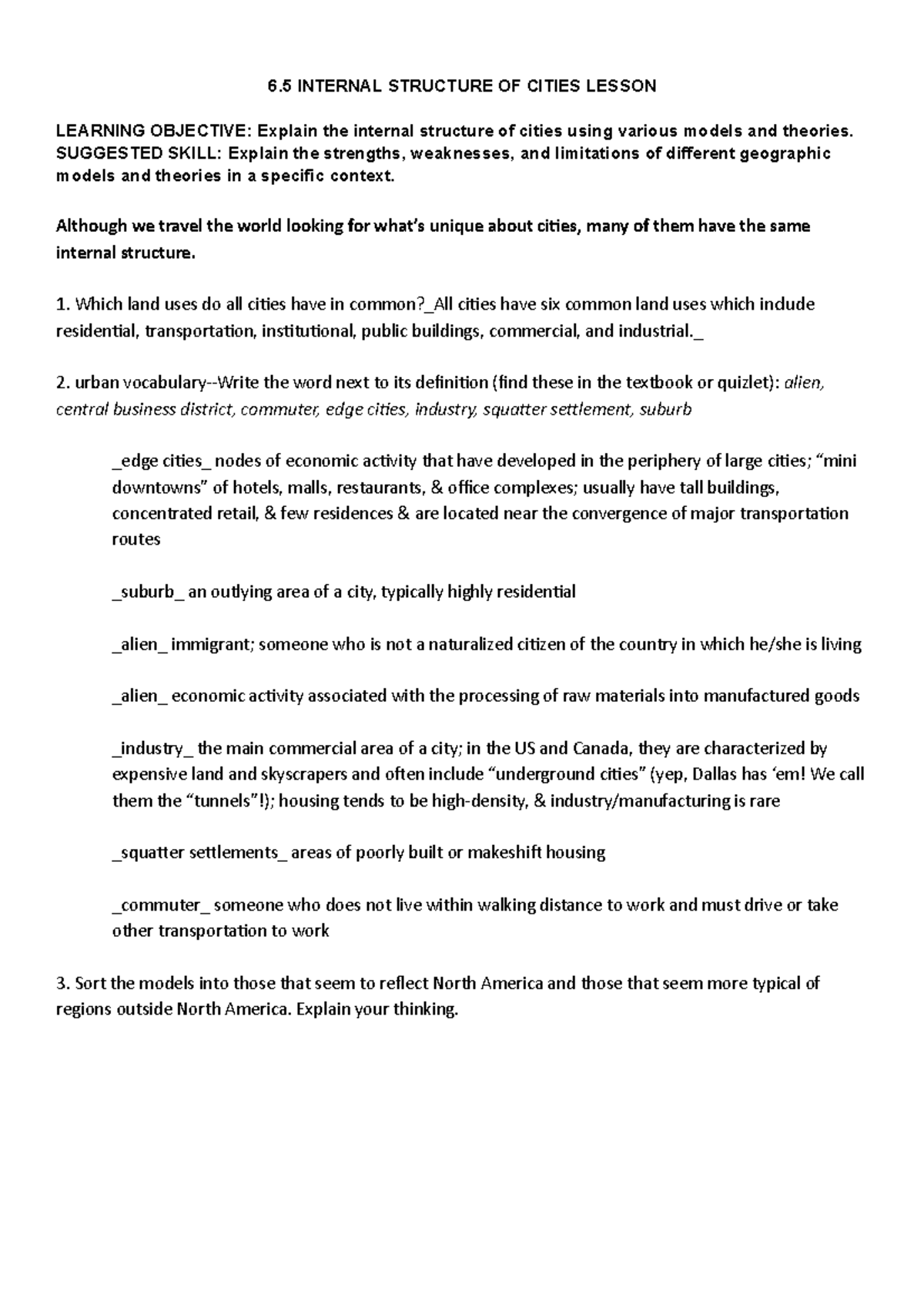 Applying Urban Models Activity - 6 INTERNAL STRUCTURE OF CITIES LESSON ...