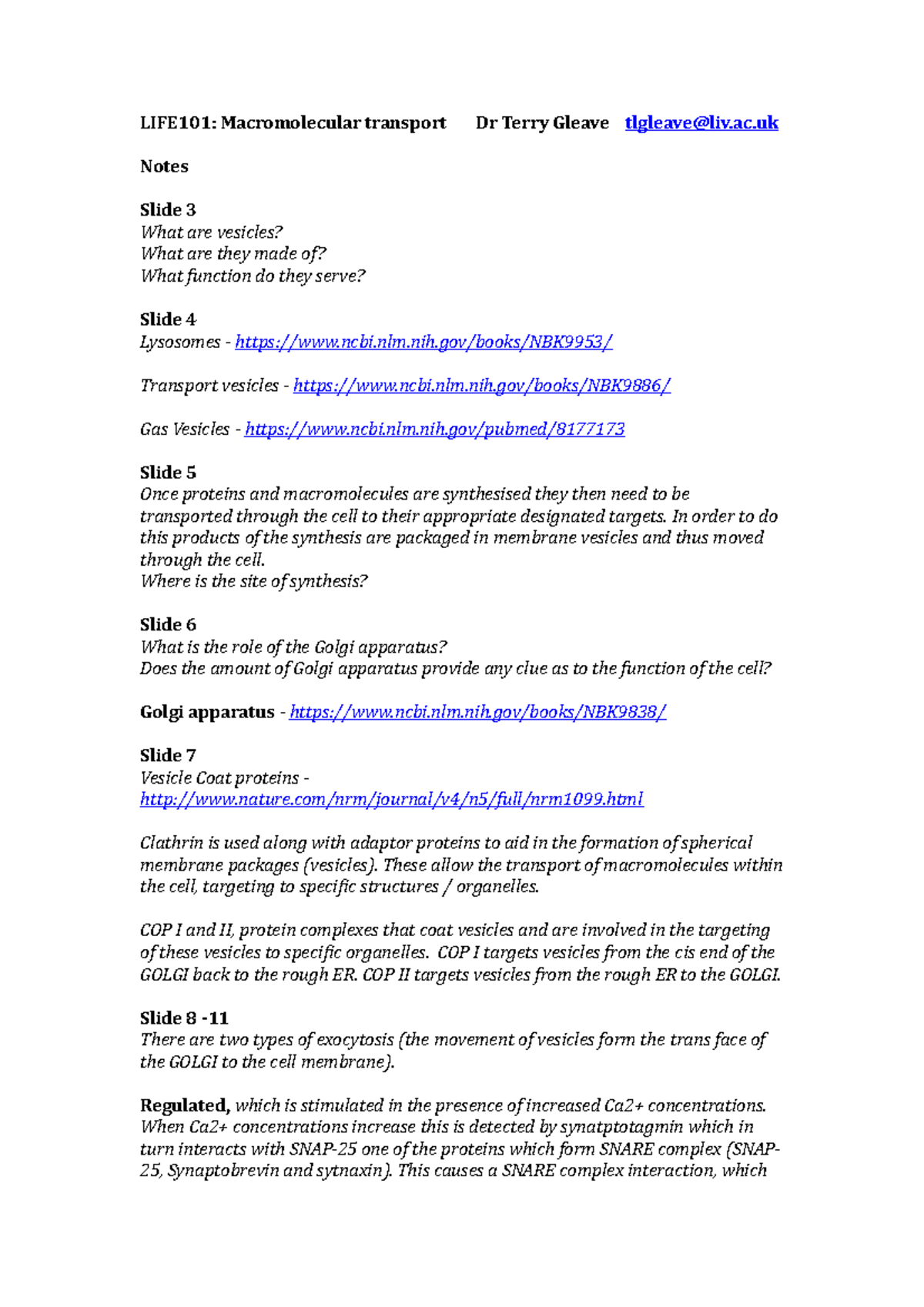 LIFE101 Macromolecular transport notes - LIFE101: Macromolecular ...