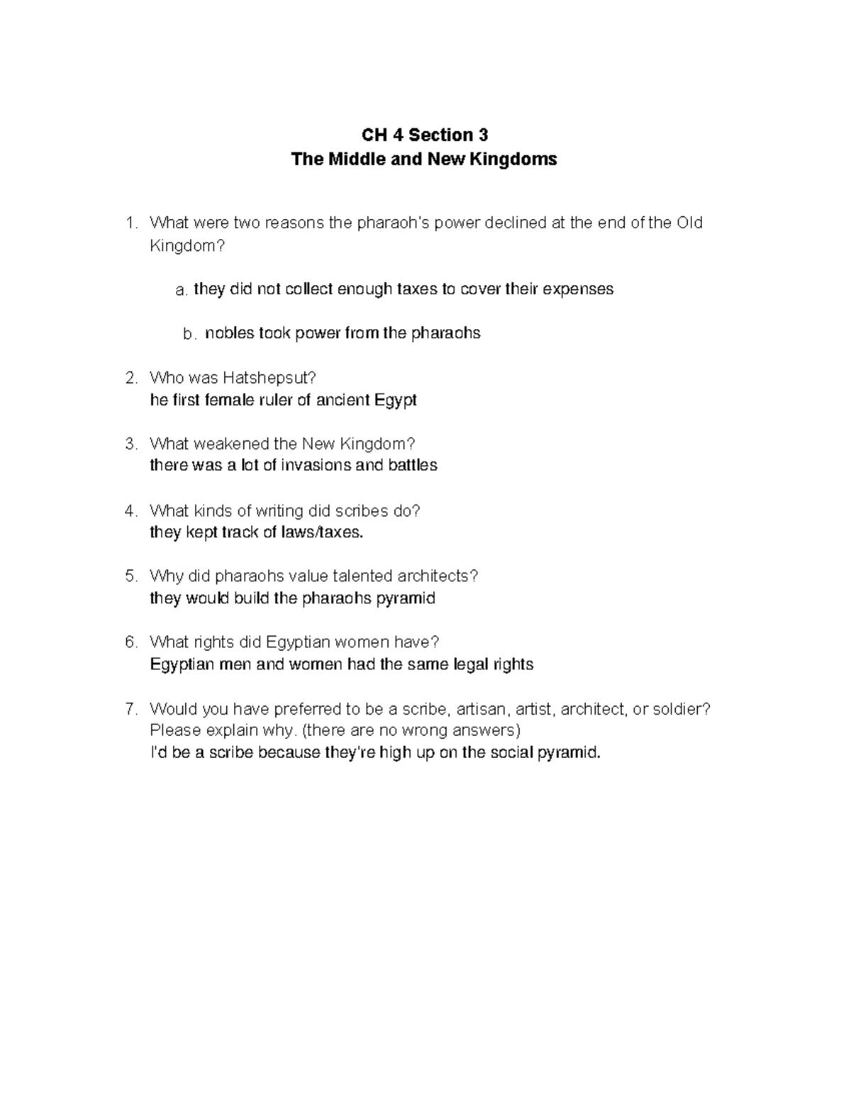 4.3 Reading Questions (grade 7) - The Middle and New KingdomsCH 4 ...