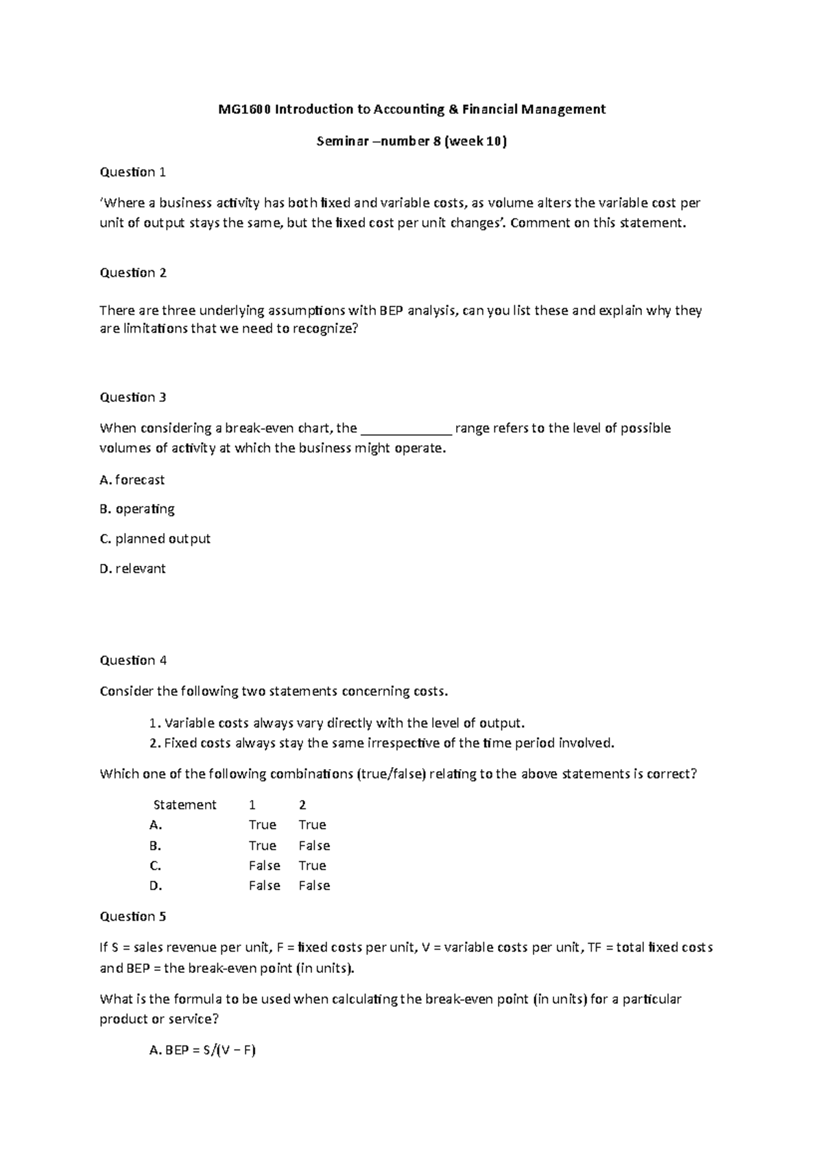 MG1600 Seminar No 8 seminar 7 with answers attached course MG1600 ...
