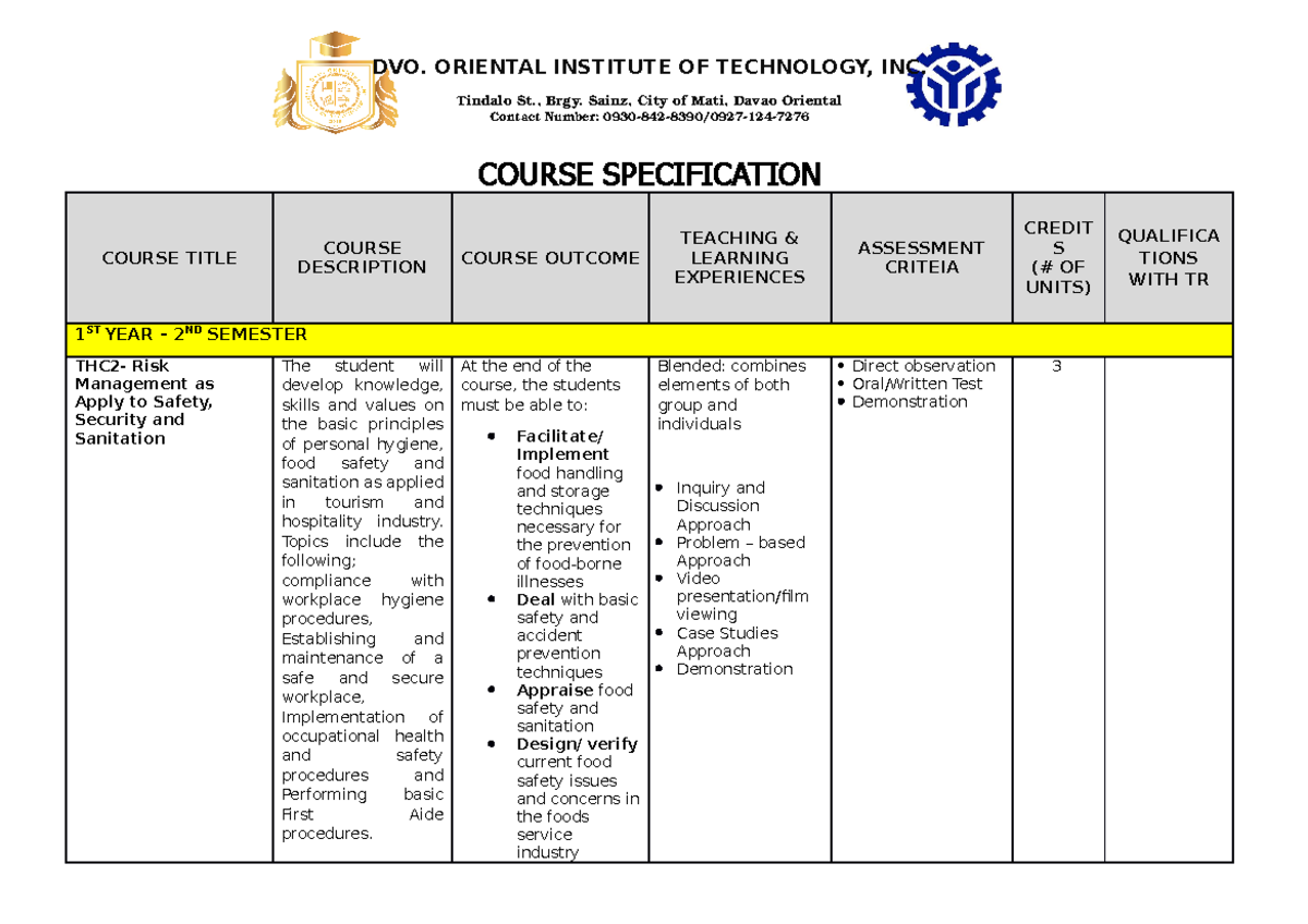 Risk Management Course Specification - DVO. ORIENTAL INSTITUTE OF ...