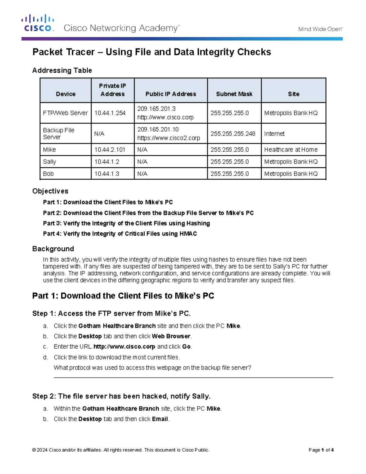 2.5.2.7 Packet Tracer - Using File and Data Integrity Checks ...