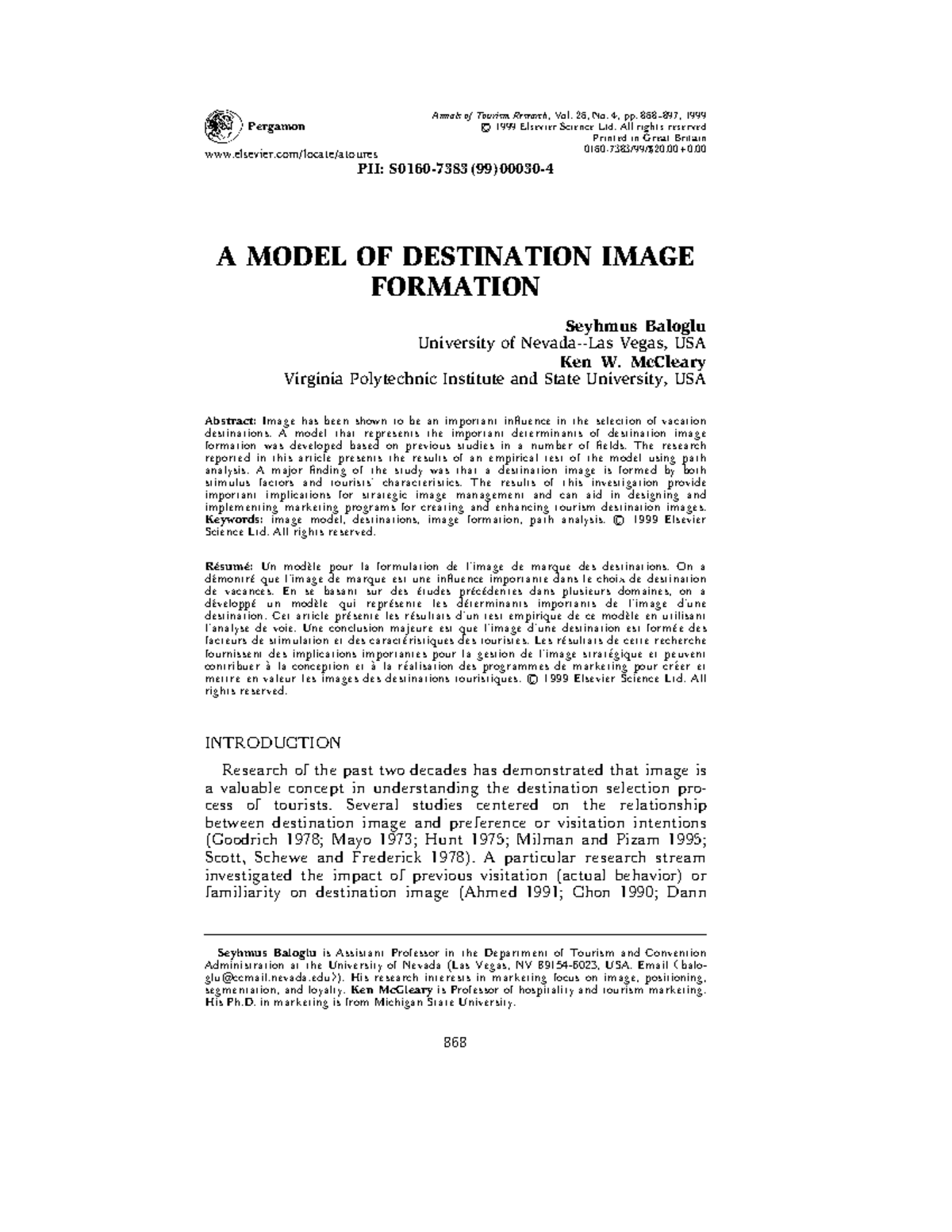 Baloglu 1999 - Summary Jurnal Management - A MODEL OF DESTINATION IMAGE ...