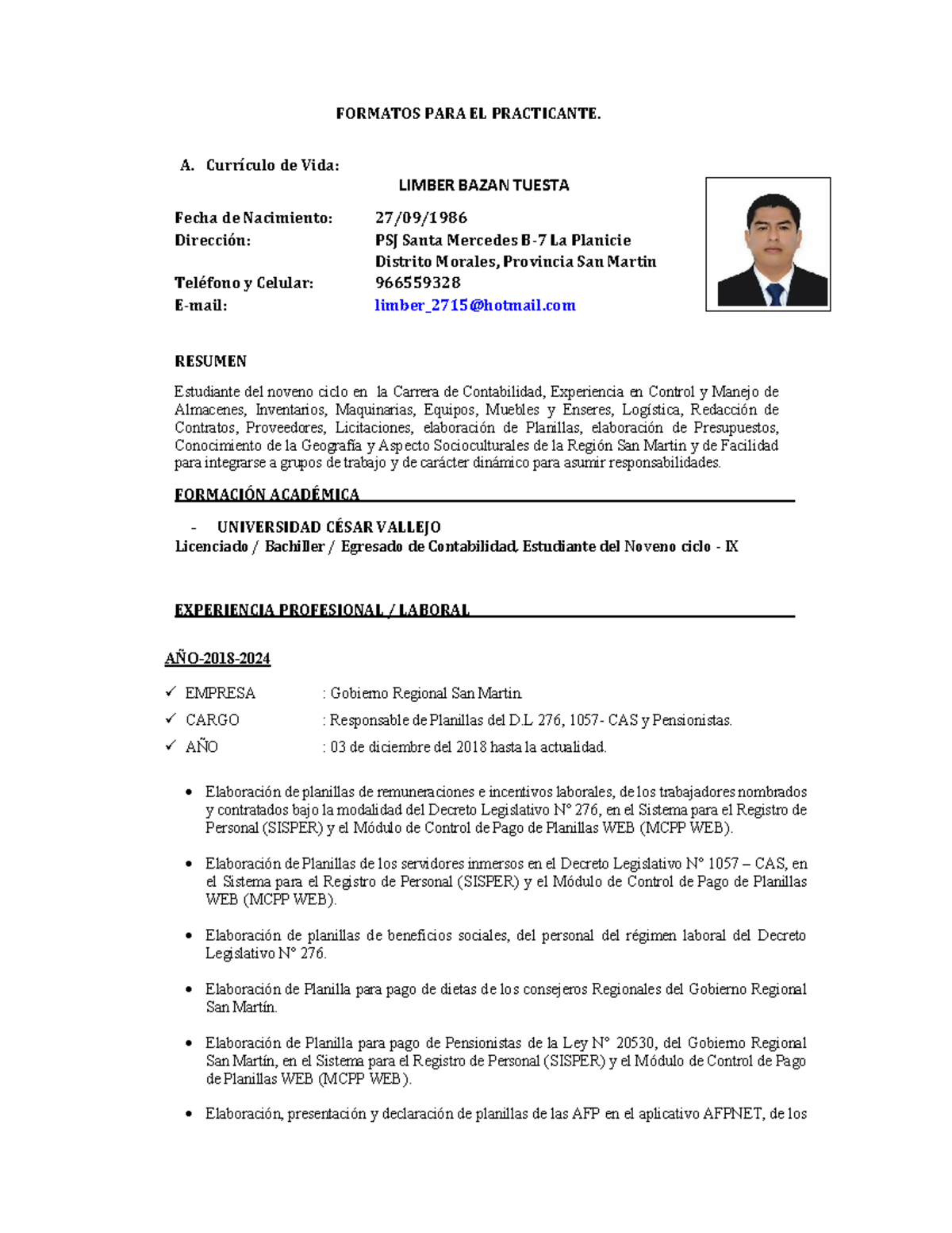 4. Formato CV - practica - FORMATOS PARA EL PRACTICANTE. A. Currículo ...