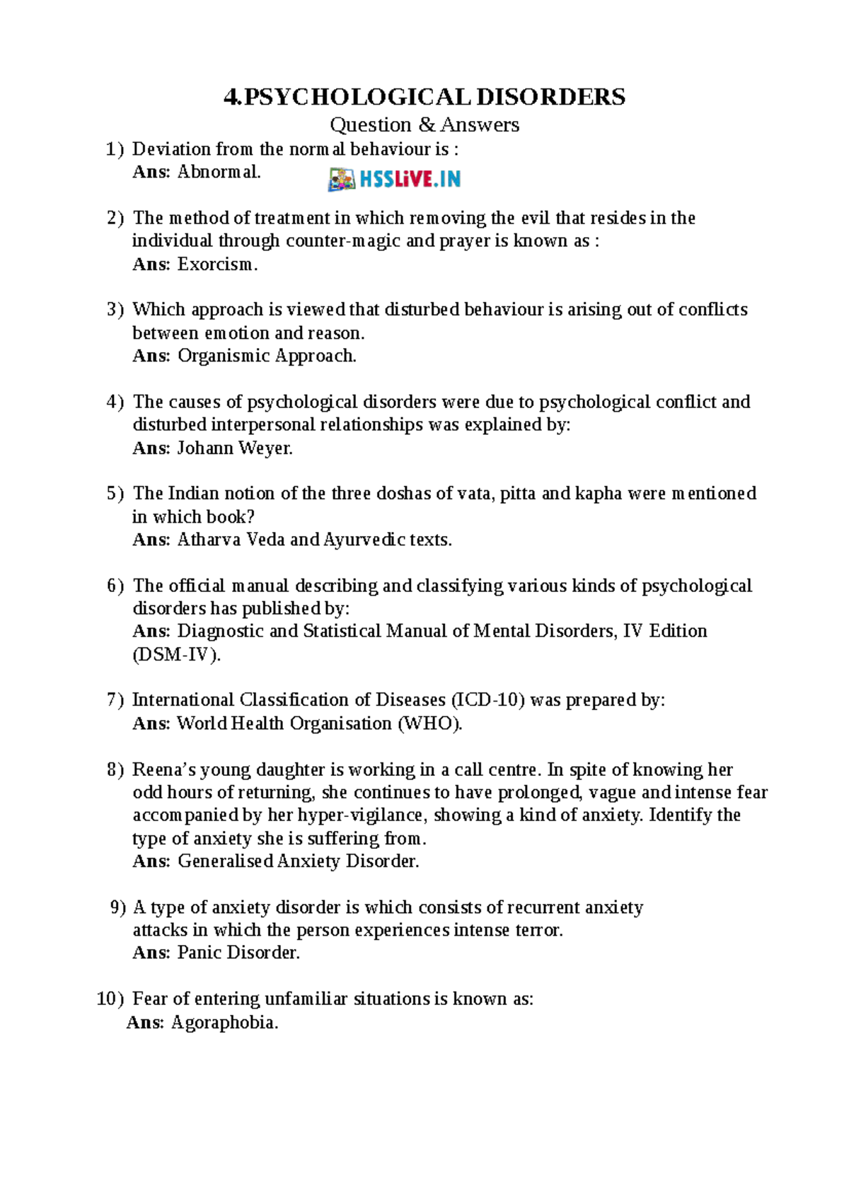 II-Psycho-ch-4-Psychological Disorders questions answers - 4 DISORDERS ...