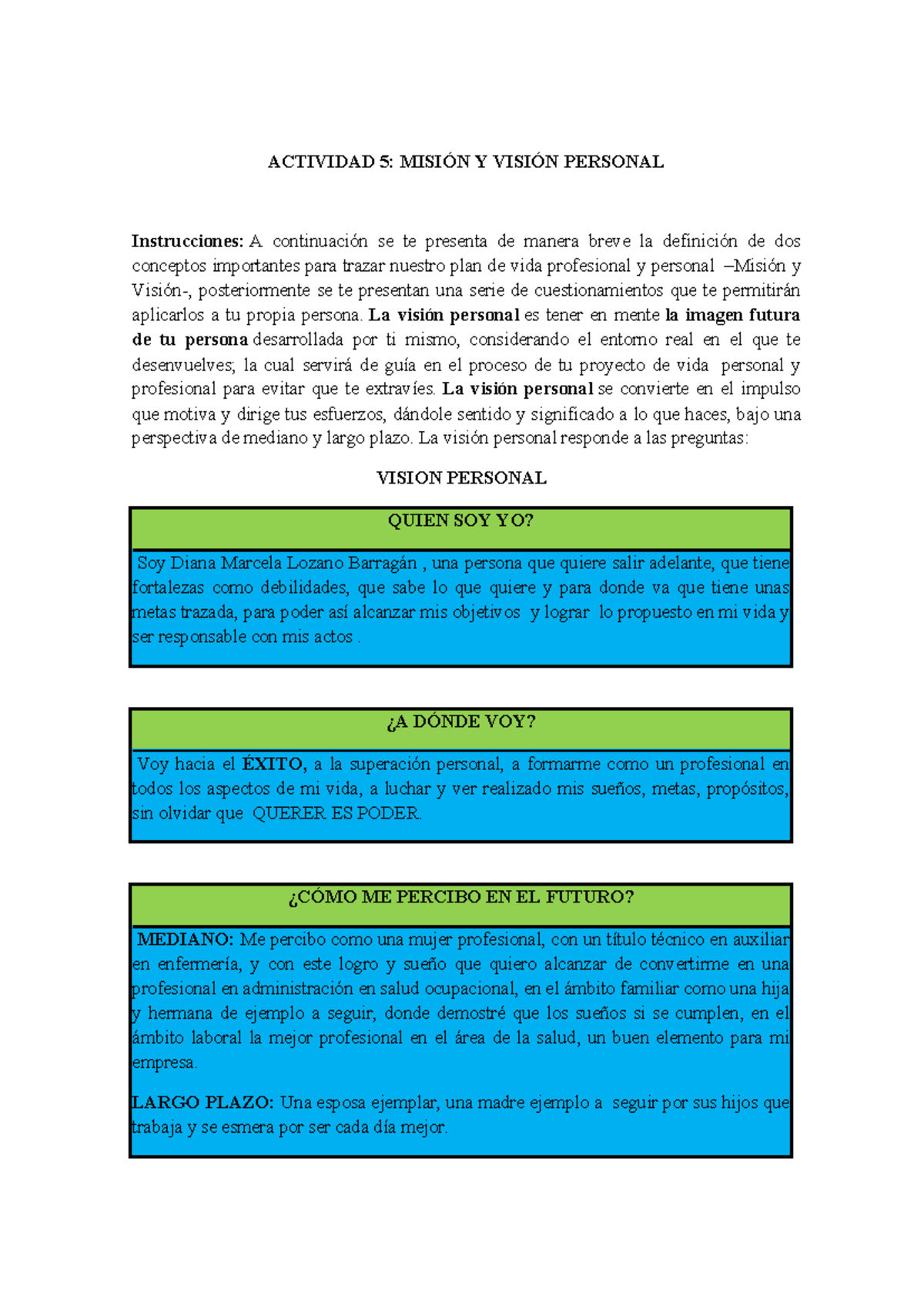 Catedra - ACTIVIDAD 5: MISIÓN Y VISIÓN PERSONAL Instrucciones: A ...