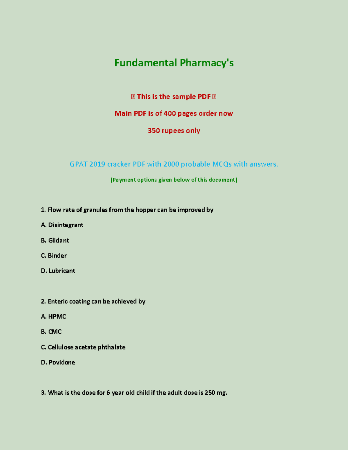 Pdfcoffee - Good - Fundamental Pharmacy's ฀ This is the sample PDF ฀ Main PDF is of 400 pages ...