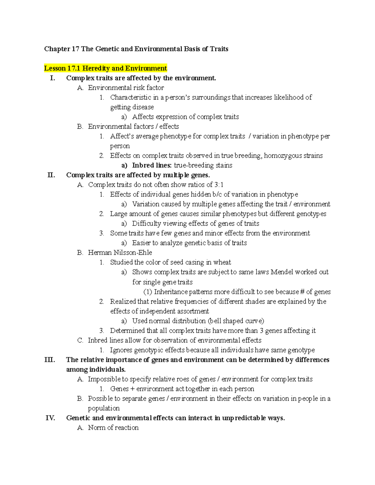 Completed Week 3 notes - Chapter 17 The Genetic and Environmental Basis ...