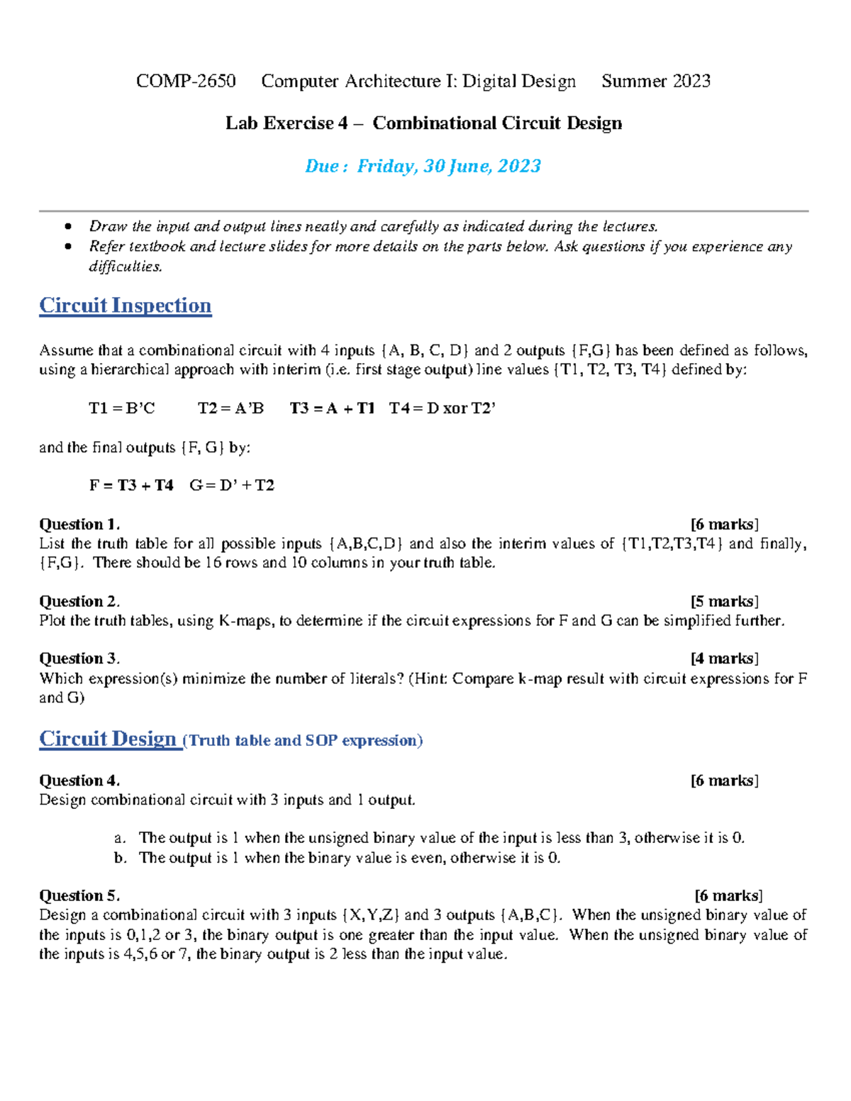 Lab 4 - lab 4 - COMP-2650 Computer Architecture I: Digital Design Summer 2023 Lab Exercise 4 ...