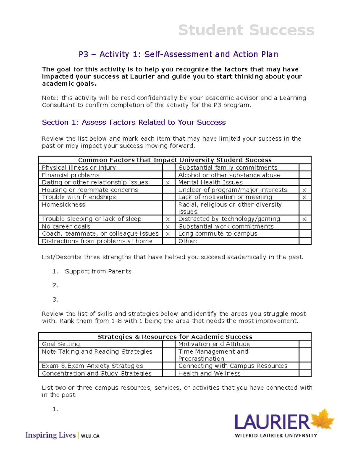 1reflection P3 selfassessment actionplan - Student Success P3 ...
