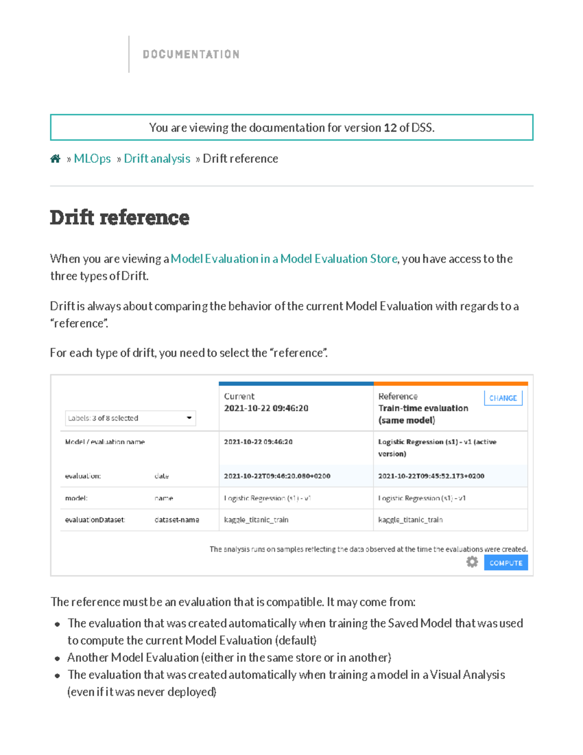 Drift reference — Dataiku DSS 12 documentation - You are viewing the documentation for version ...
